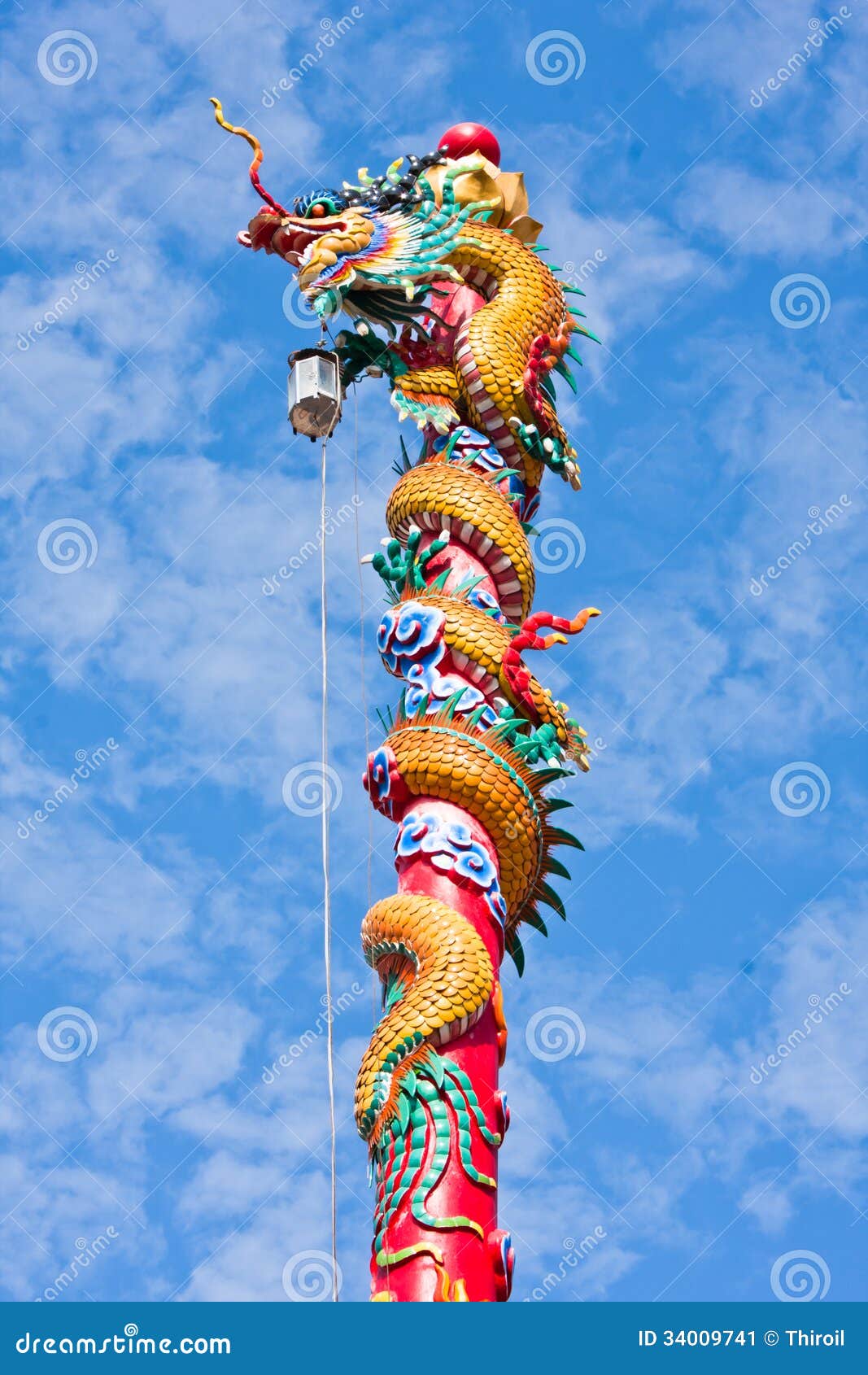 Dragon on Pole in Chinese Temple with Lamp. Stock Image - Image of gold ...
