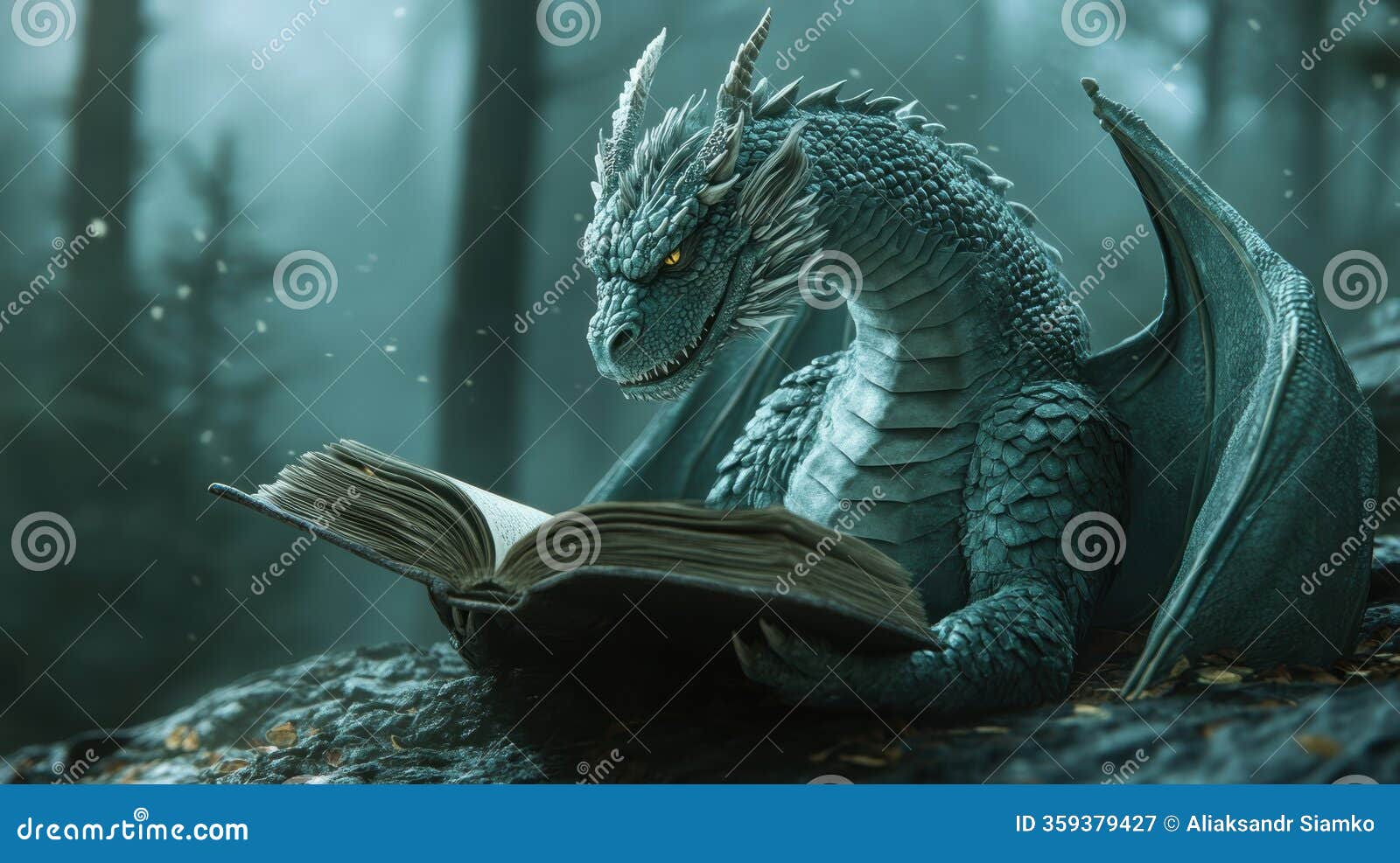 A Dragon Reading a Book in the Woods Stock Illustration - Illustration ...