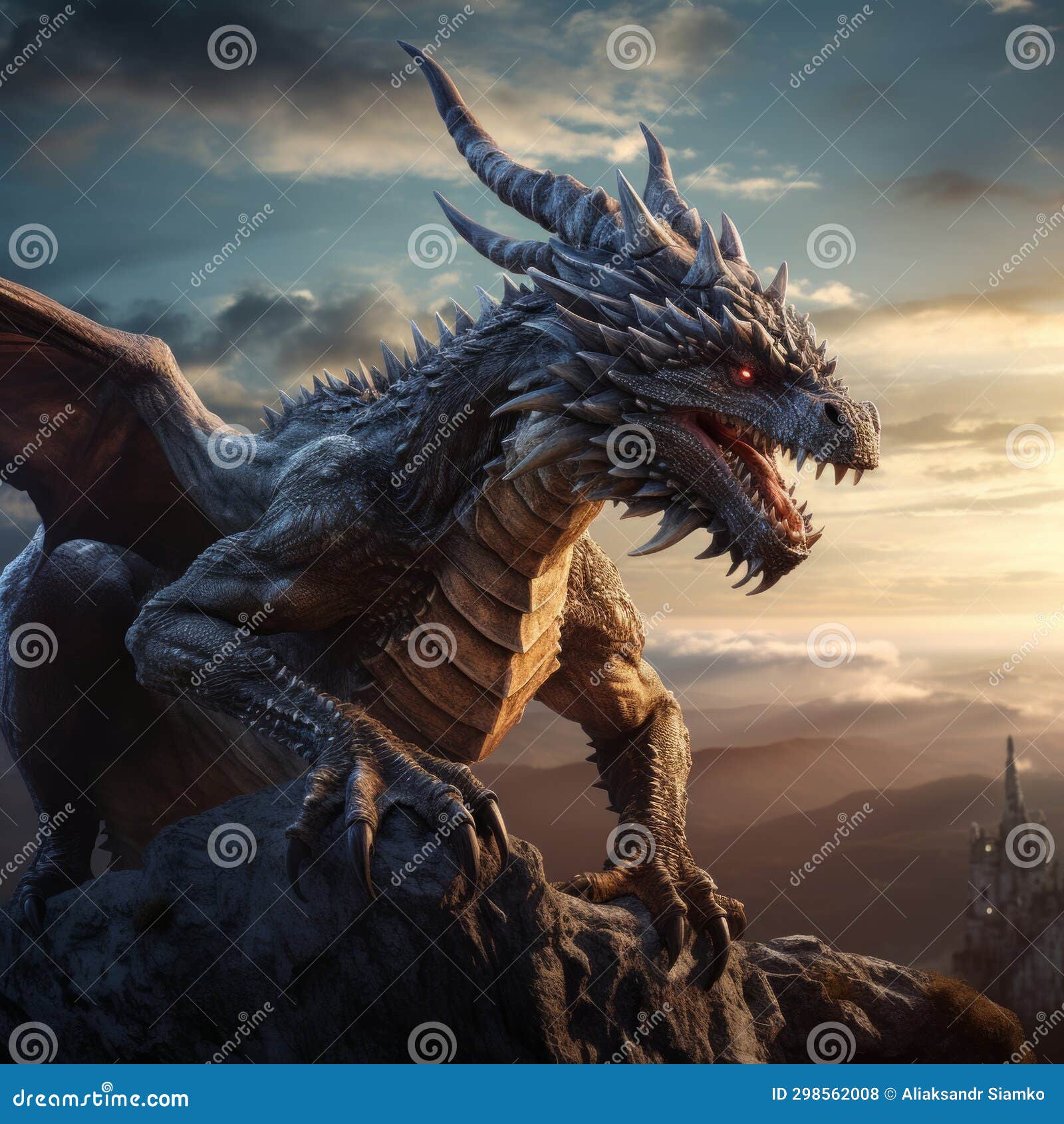 A dragon on a rock stock illustration. Illustration of story - 298562008