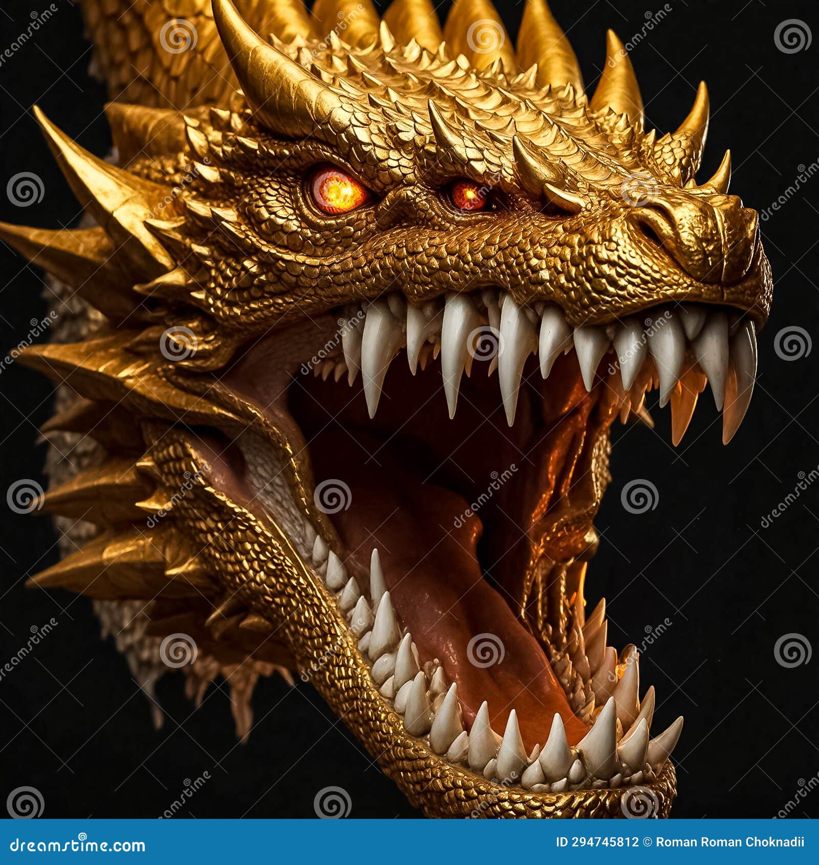 The Dragon's Head That Roars. Golden Dragon With Teeth And Open Mouth ...