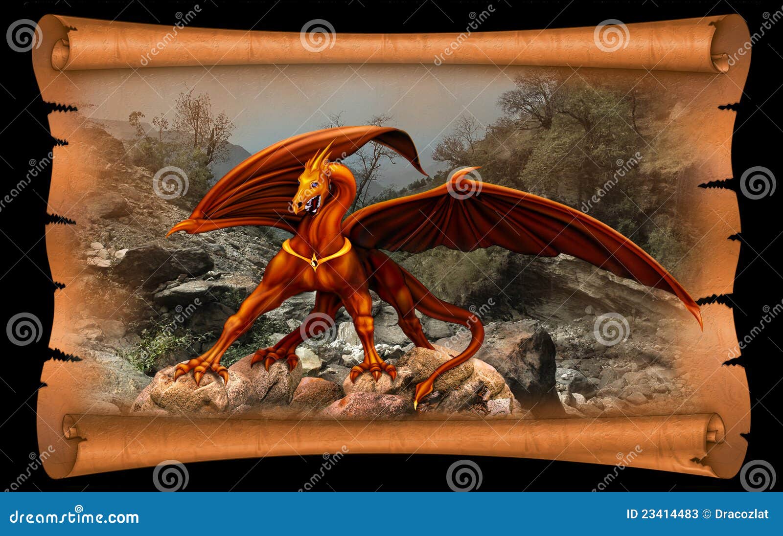 Dragon in the Scroll of Parchment Stock Illustration - Illustration of ...
