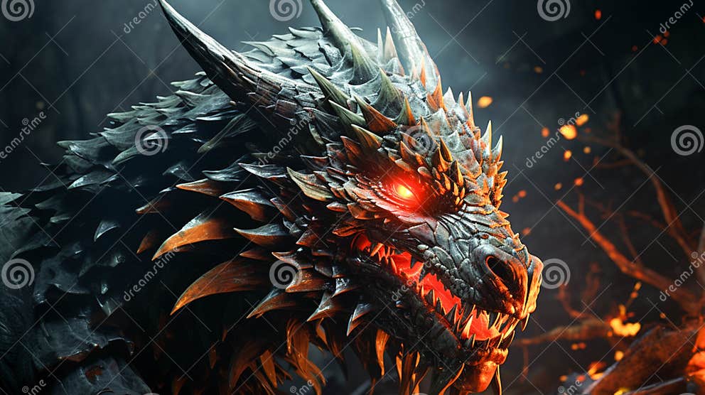 A Dragon with Sharp Spikes and Glowing Eyes, Dragon with Sharp Stock ...