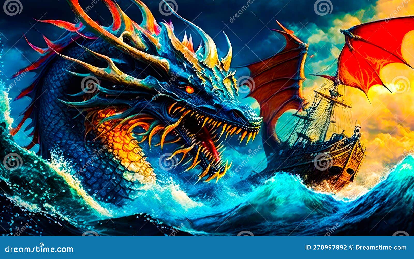 Dragon and Ship in the Ocean. Fantasy Stock Illustration - Illustration ...