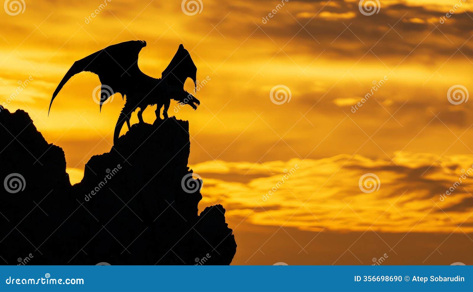 Dragon Silhouette Sunset Cliff Fantasy Artwork Stock Photo - Image of ...
