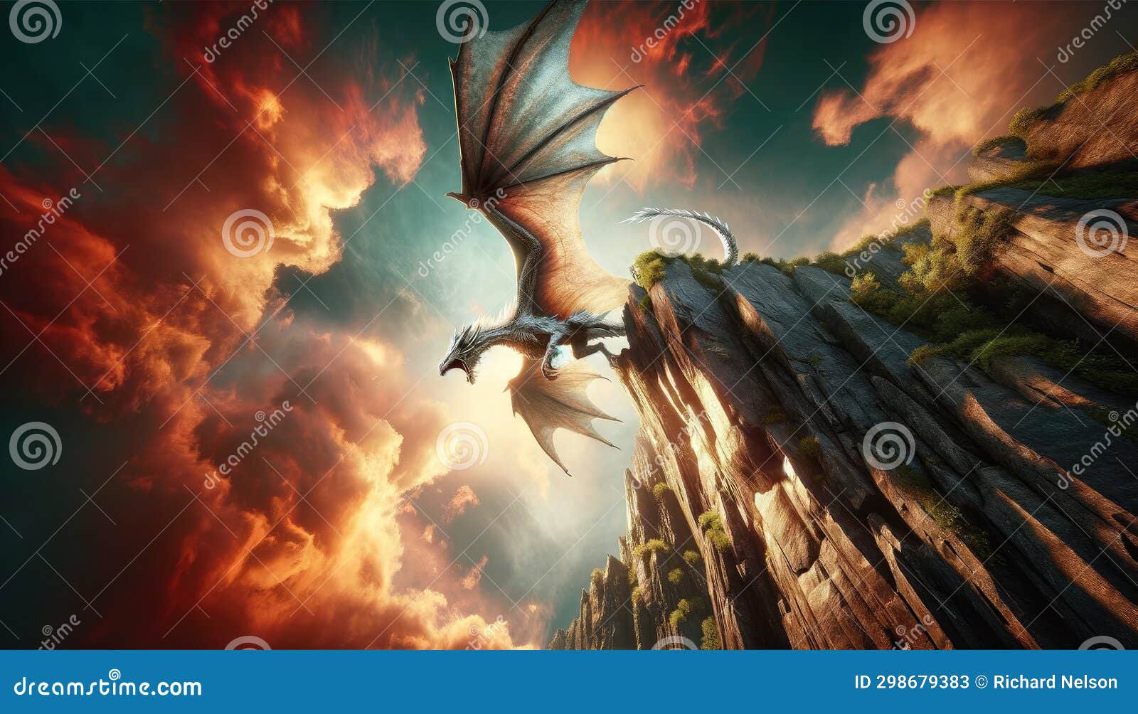 Dragon Soaring Over Cliffs stock illustration. Illustration of grand ...