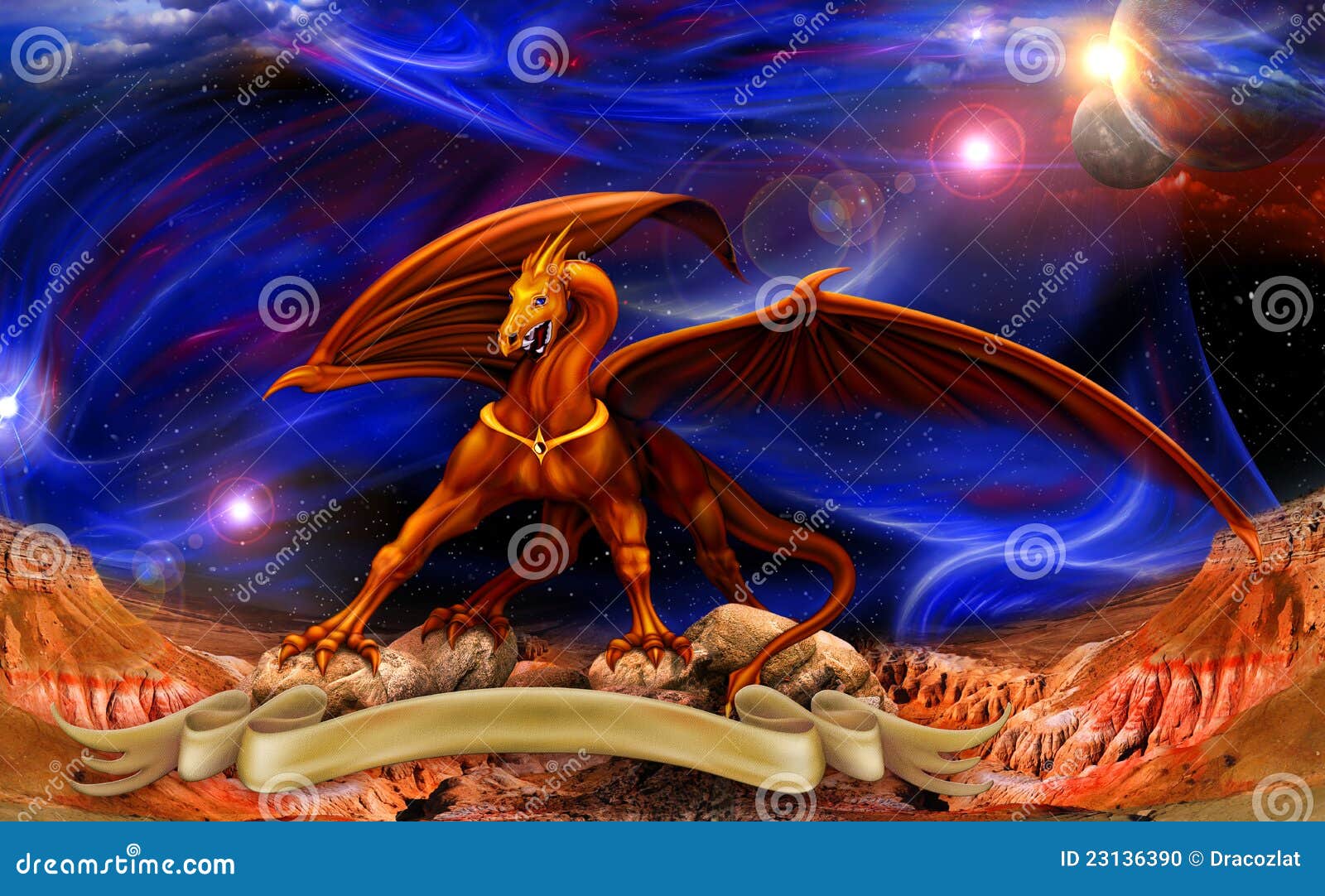 Dragon in Space Over the Parchments Stock Illustration - Illustration ...