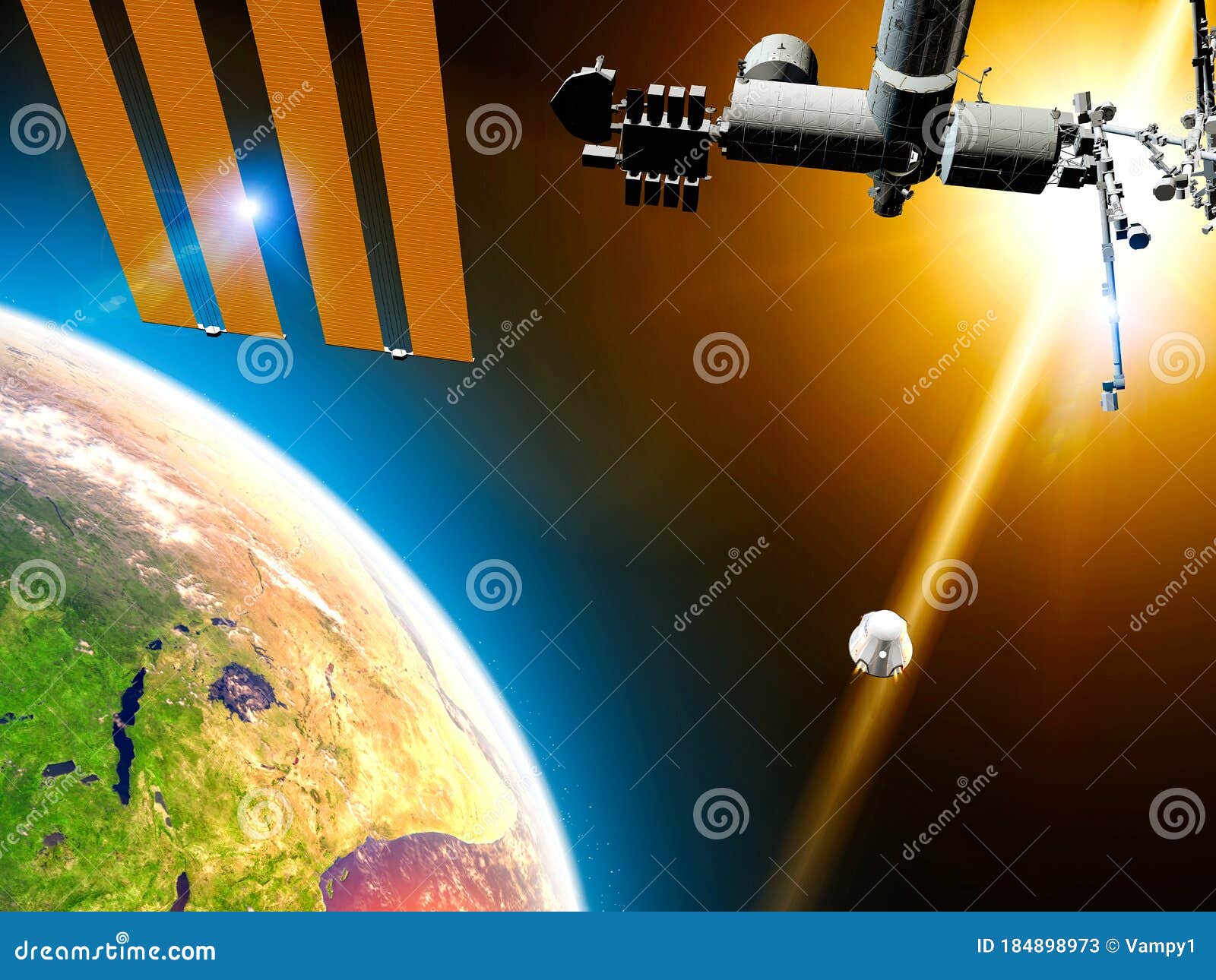 Dragon Spacecraft Approaching ISS for Docking. Space Exploration. Low ...