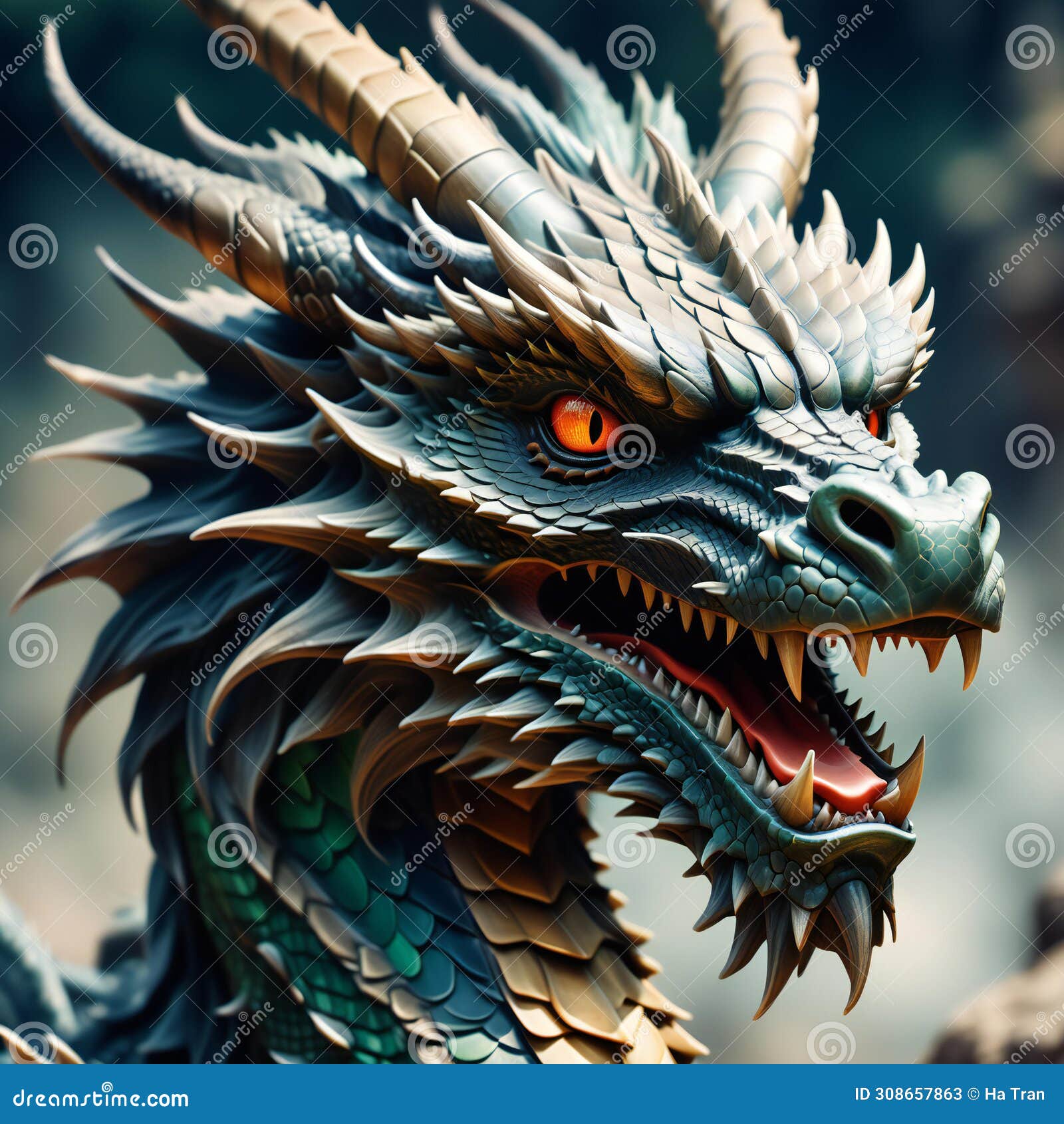 Dragon Statue, Closeup of a Dragon Head with Sharp Teeth Stock ...