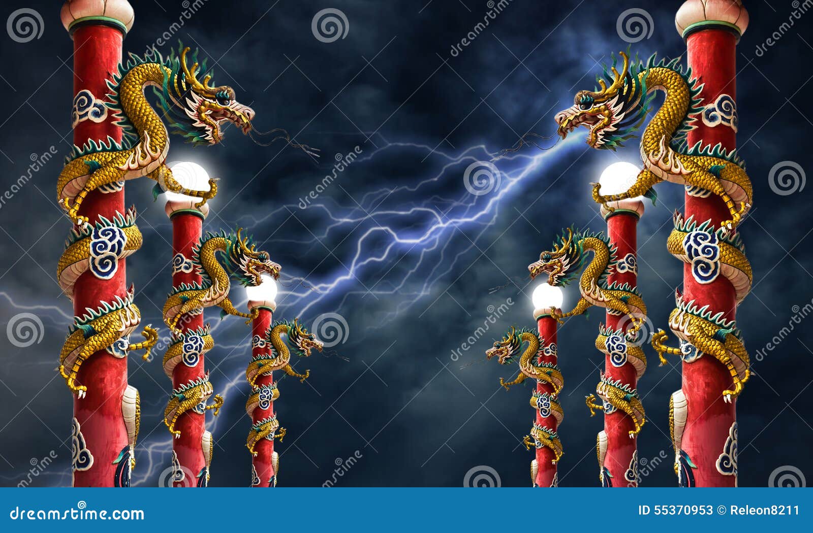 Dragon Statue with Lightning Storm Stock Illustration - Illustration of ...