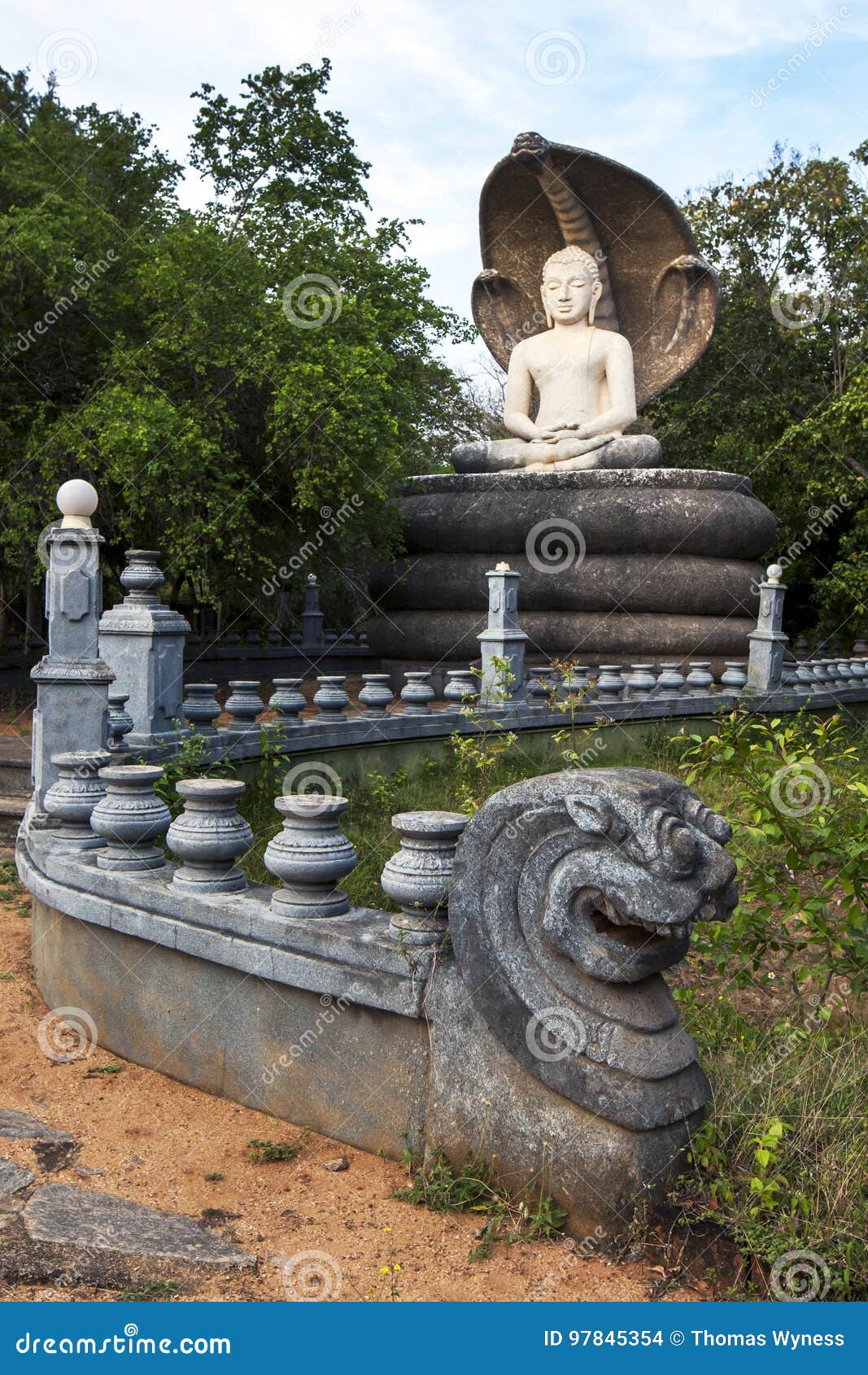 A Dragon Statue Sits In Front Of The Buddha Statue At Pidurangala Temple At Sigiriya In Sri