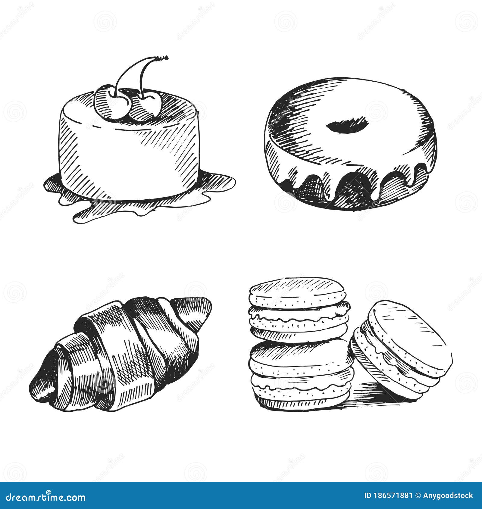 Hand Drawn Confection Icons for Food Menu with Cakes, Croissant ...