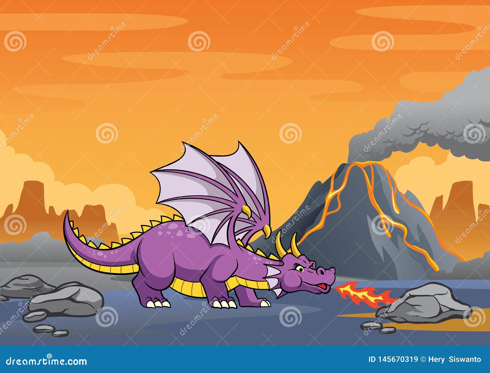 Dragon in the Volcanic Mountain Stock Vector - Illustration of lizard ...