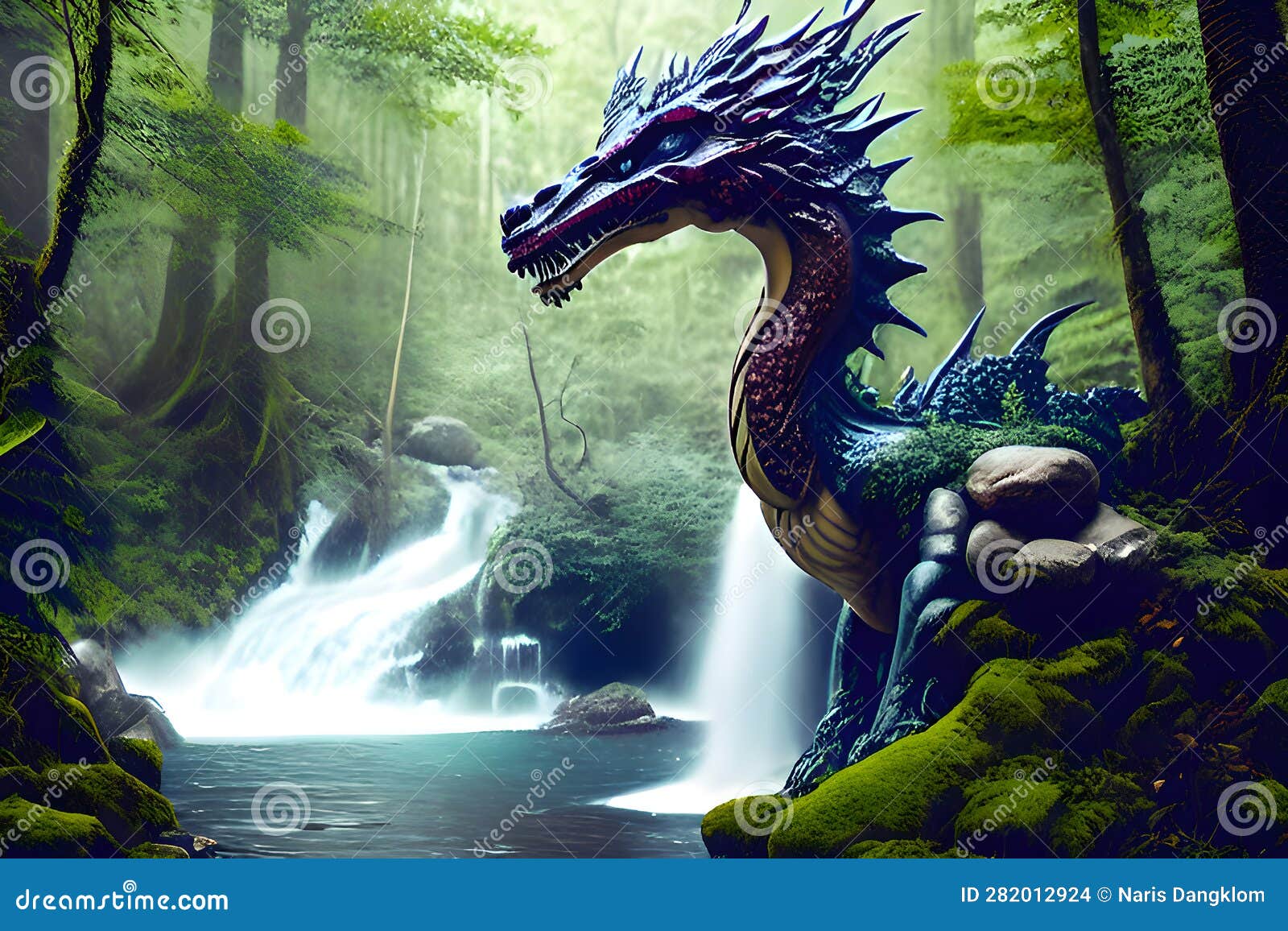 The Dragon at Waterfall in Forest and AI Generated Stock Illustration ...