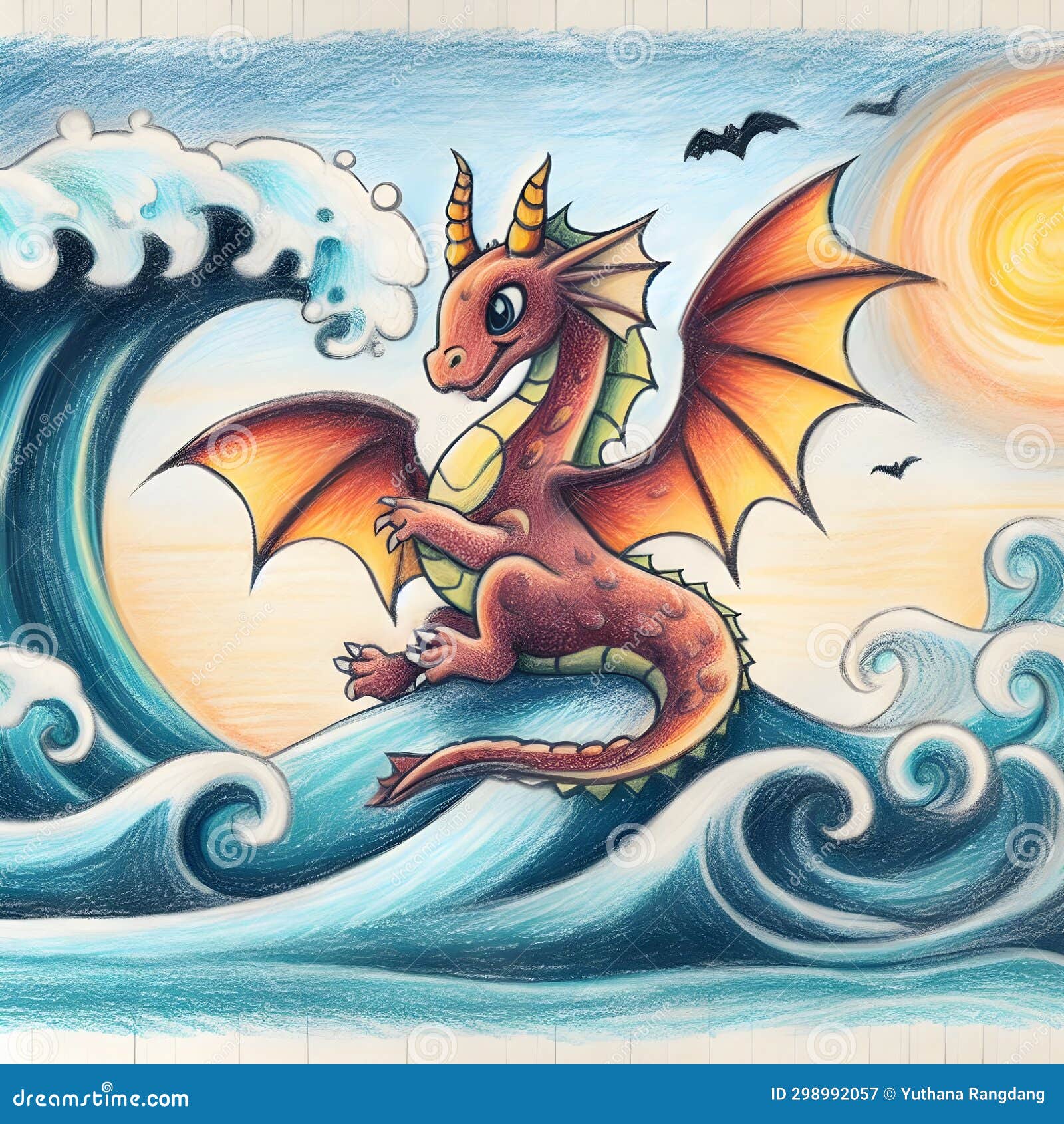 Dragon with a Wave in the Background, Kids Drawing. Stock Image - Image ...