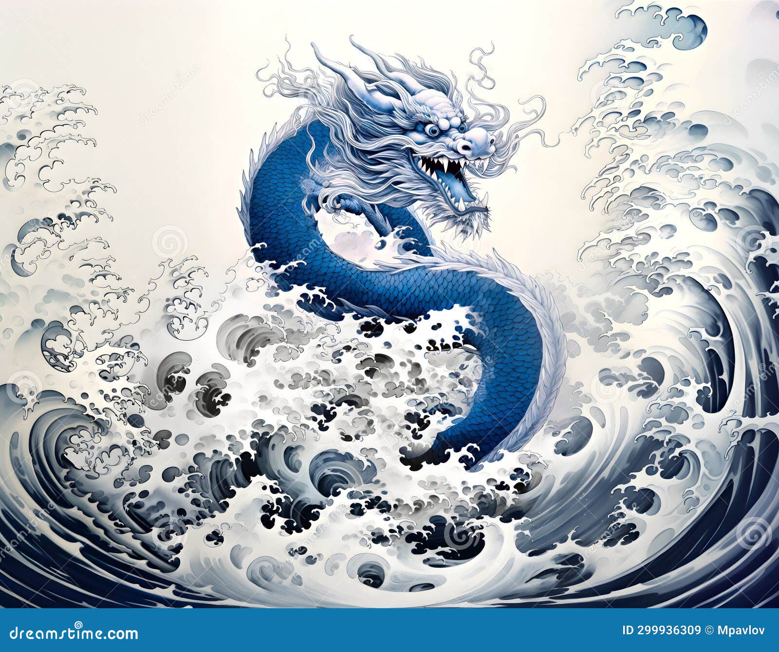 Dragon in Wave, Japanese Style Stock Illustration - Illustration of ...