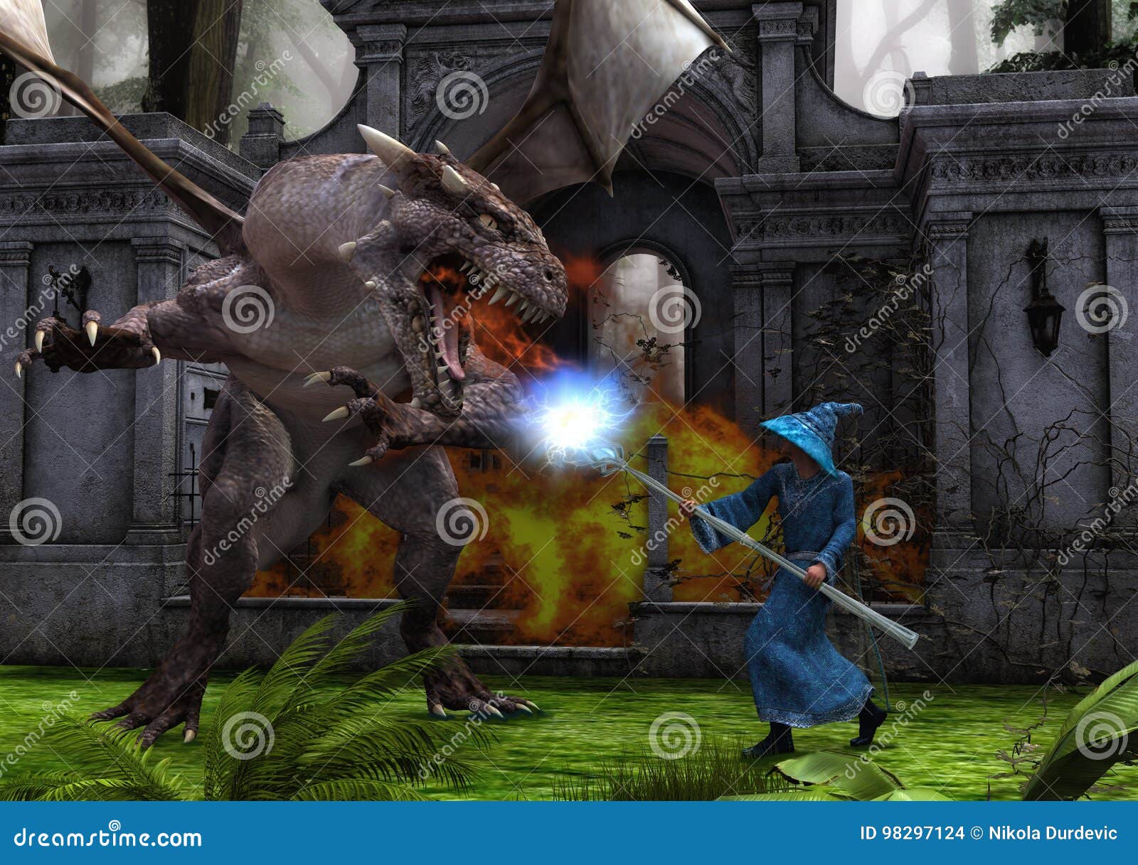 Dragon and Wizard in Battle Stock Illustration - Illustration of female ...