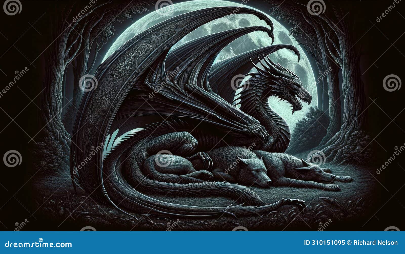 Dragon and Wolves Resting Under Moonlight Stock Illustration ...