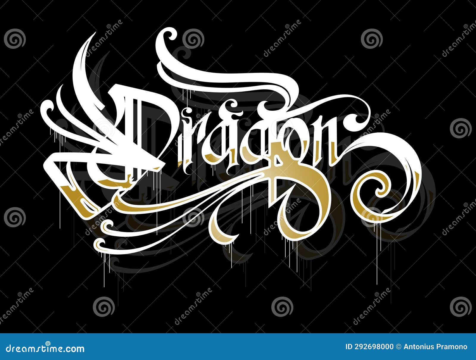 DRAGON Word Lettering Tattoo Design Stock Vector - Illustration of gold ...