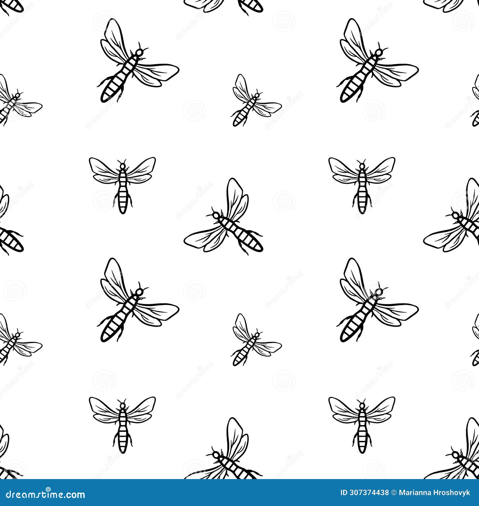 Outline Dragonflies Bugs Vector Seamless Pattern. Line Art Stock Vector ...