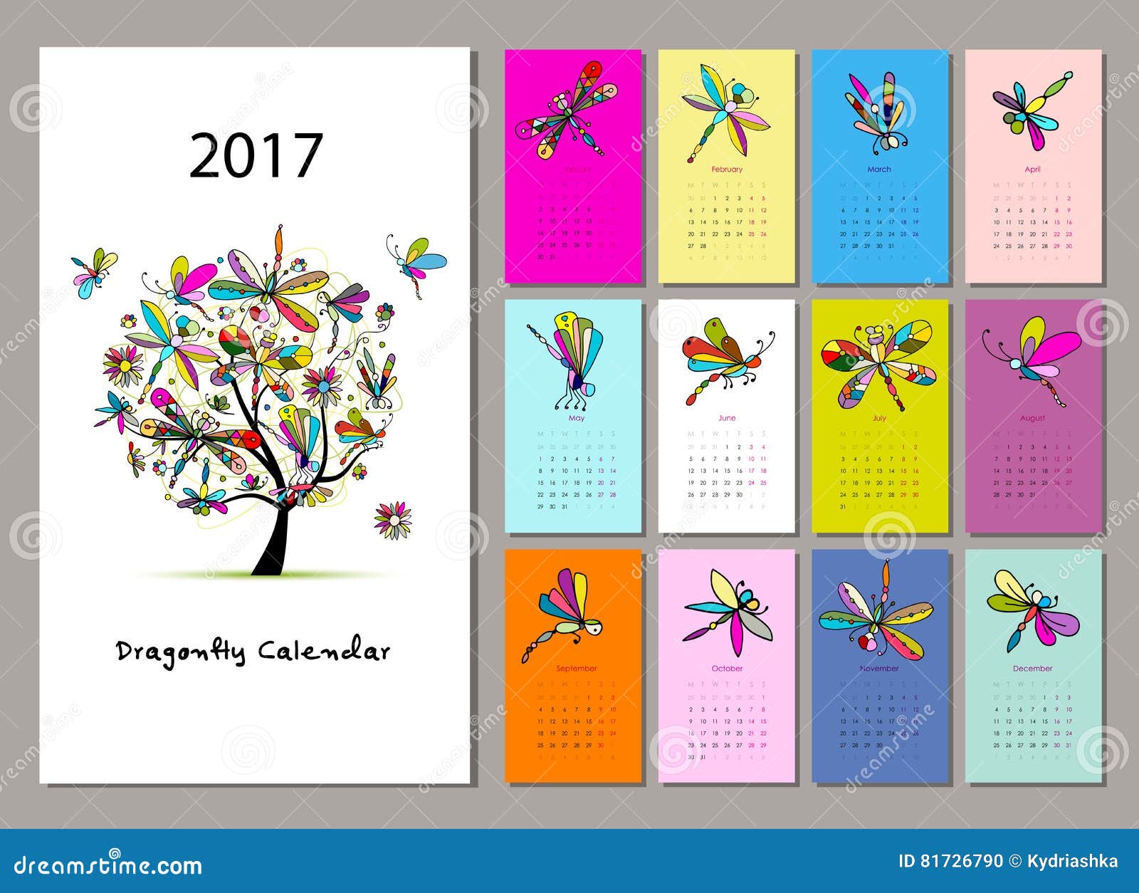 Dragonfly Calendar 2017 Design Stock Vector - Illustration of flower ...