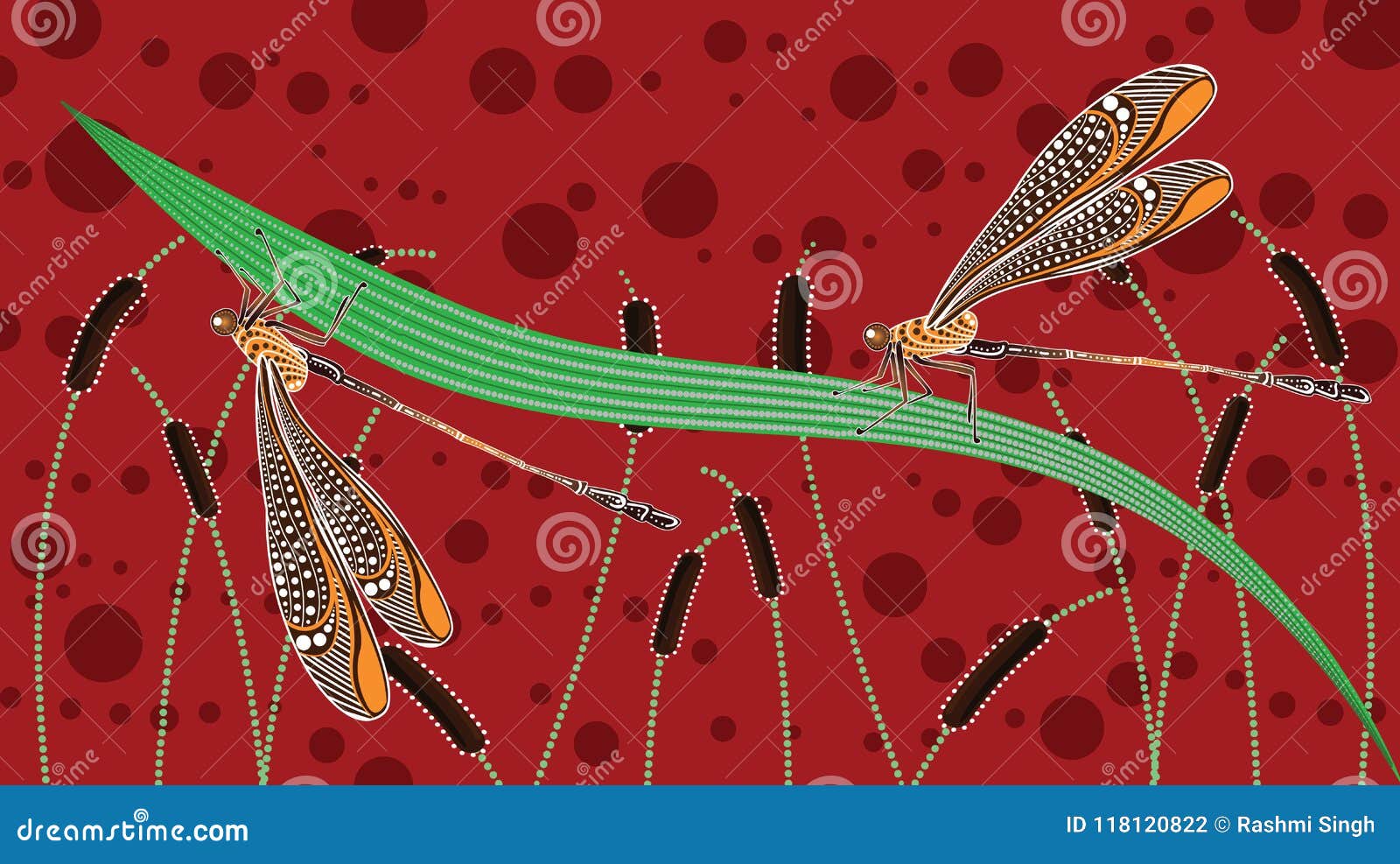 Dragonfly On Cattails Aboriginal Art Vector Painting Royalty-Free Stock ...