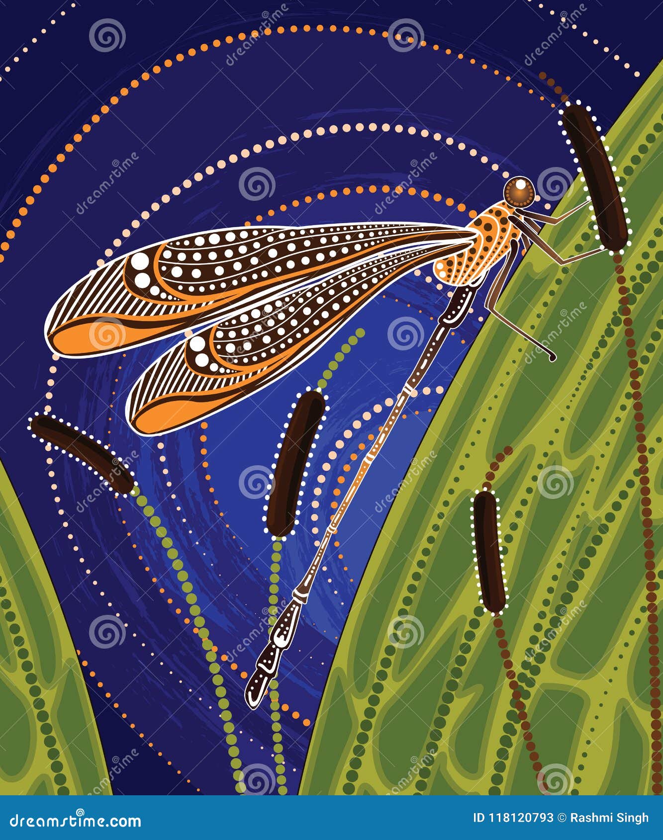Dragonfly on Cattails Aboriginal Art Vector Painting Stock Illustration ...