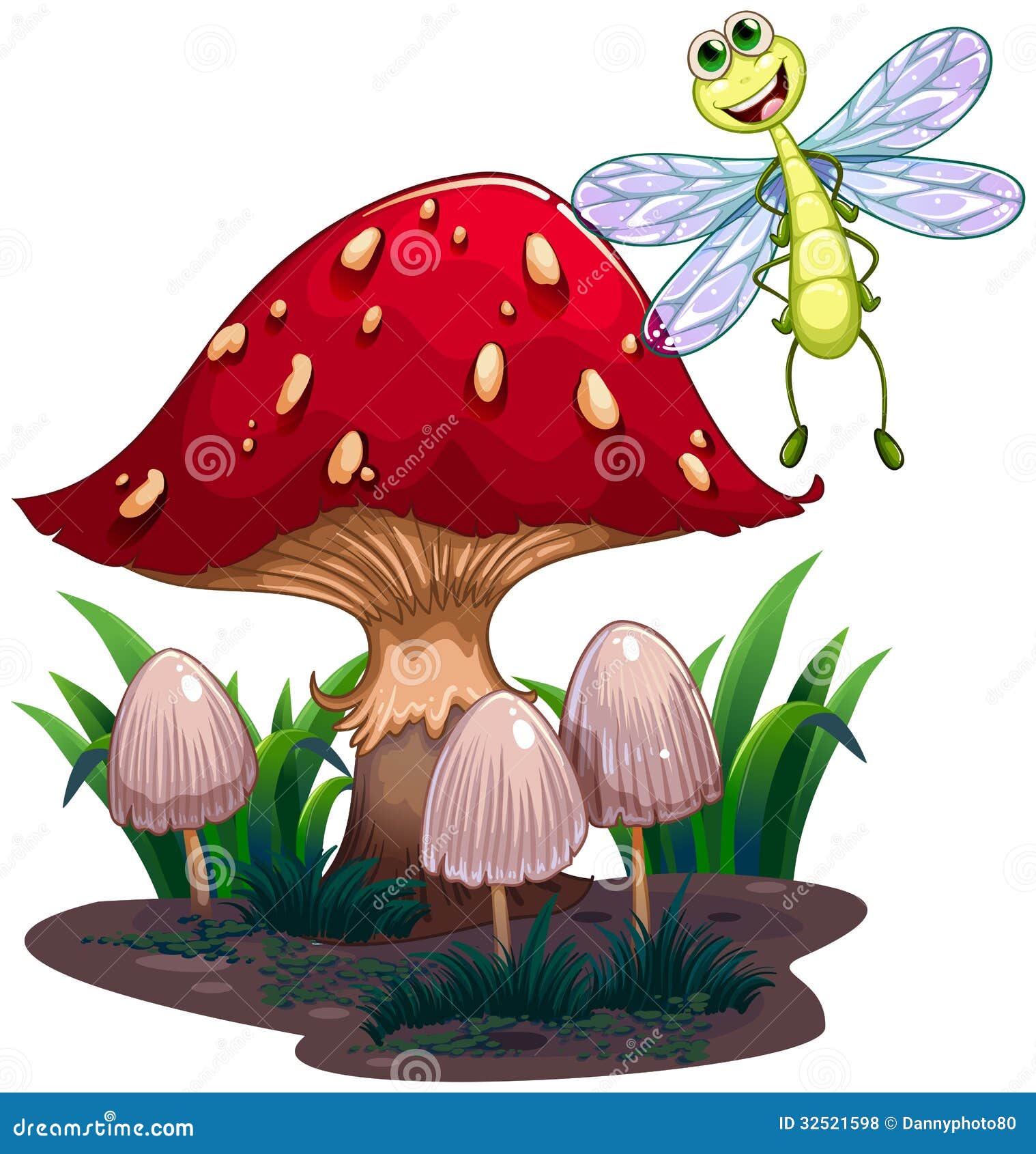 A Dragonfly Flying beside the Mushrooms Stock Vector - Illustration of ...