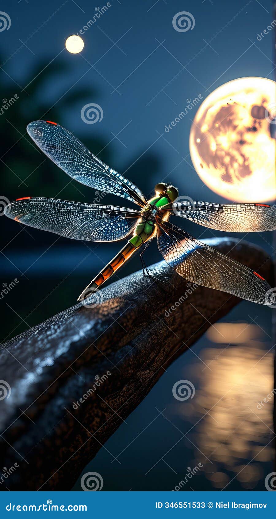 Dragonfly Resting on a Branch at Night with Full Moon Reflections Stock ...