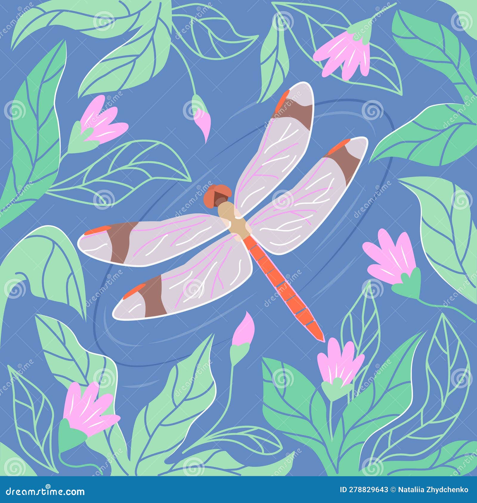 Dragonfly in the Square Frame with Floral Design Stock Vector ...