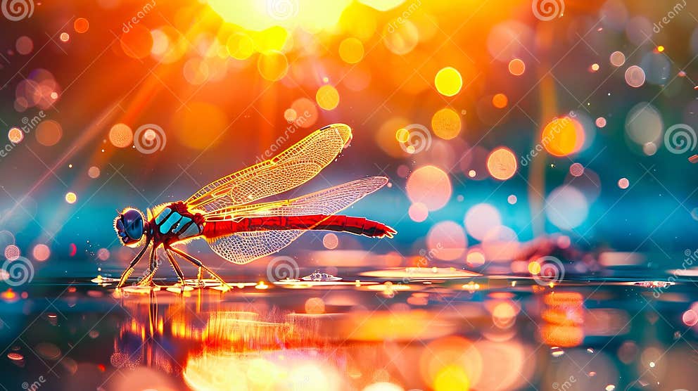 Dragonfly on Water with Sun Rays and Reflections Stock Photo - Image of ...