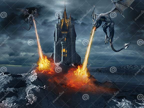 Dragons Attacking the Castle Stock Illustration - Illustration of night ...