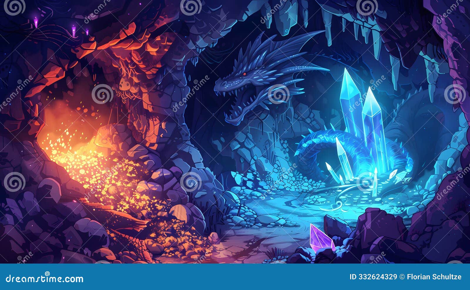 A Cave Filled With Blue Stalactites And Stalagmites. The Water Glows ...