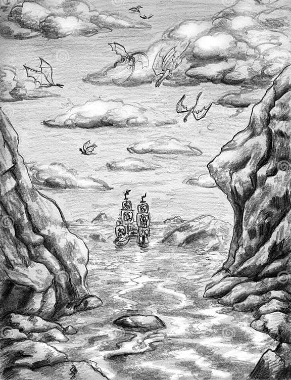 Dragons over the sea stock illustration. Illustration of dragons - 12551926