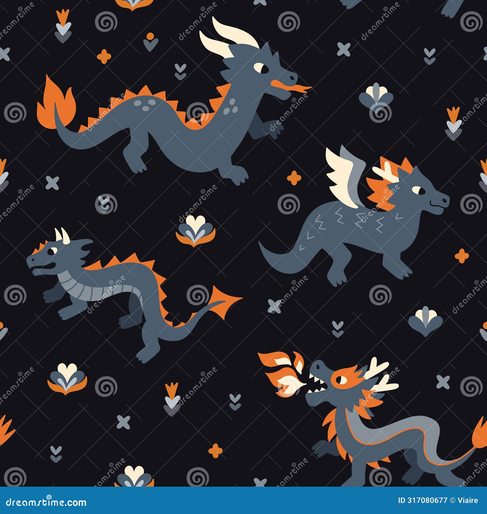 Dragons Pattern in Flat Cartoon Style Stock Vector - Illustration of ...