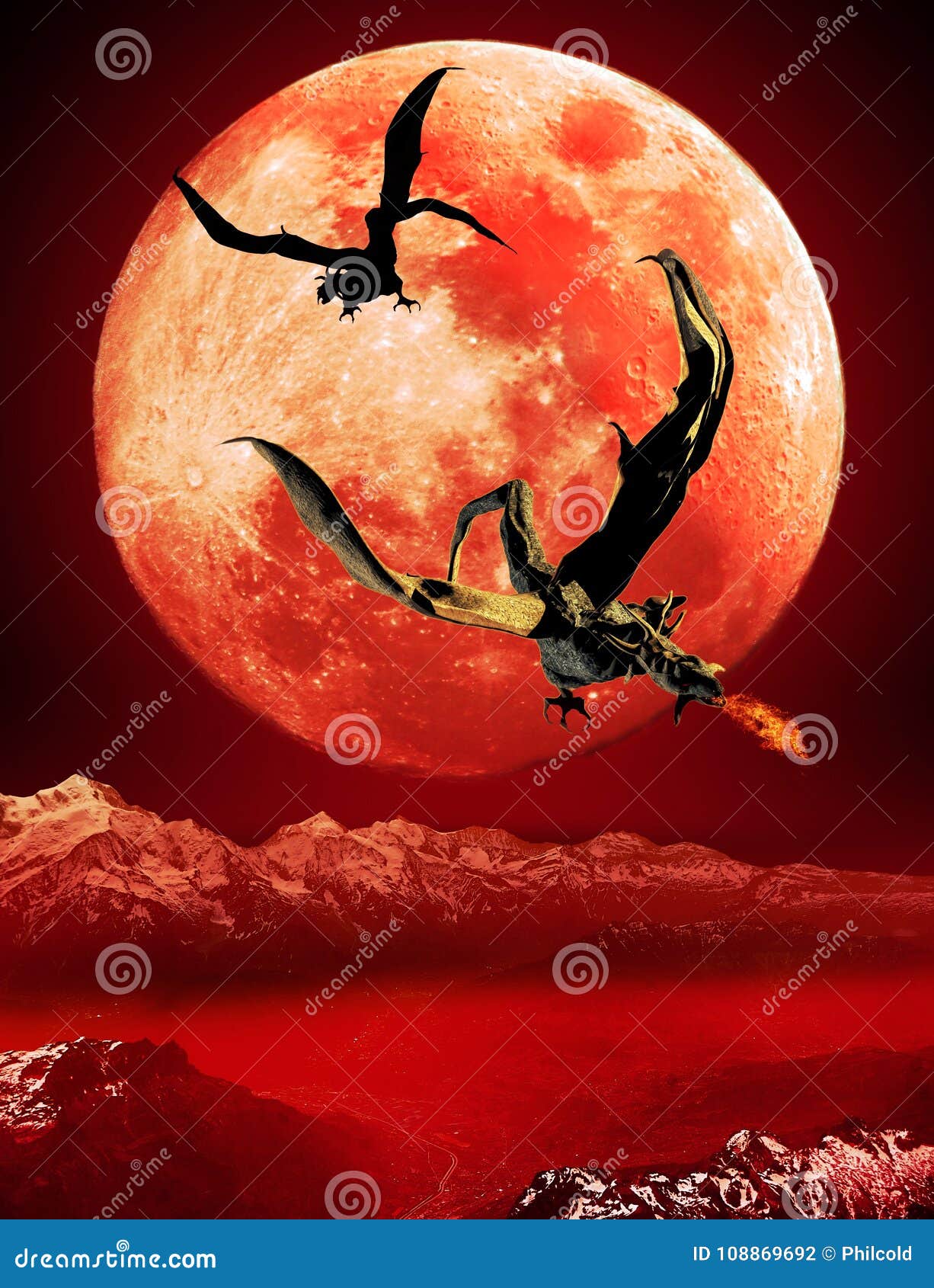 Dragons from the Red Moon stock illustration. Illustration of landscape ...