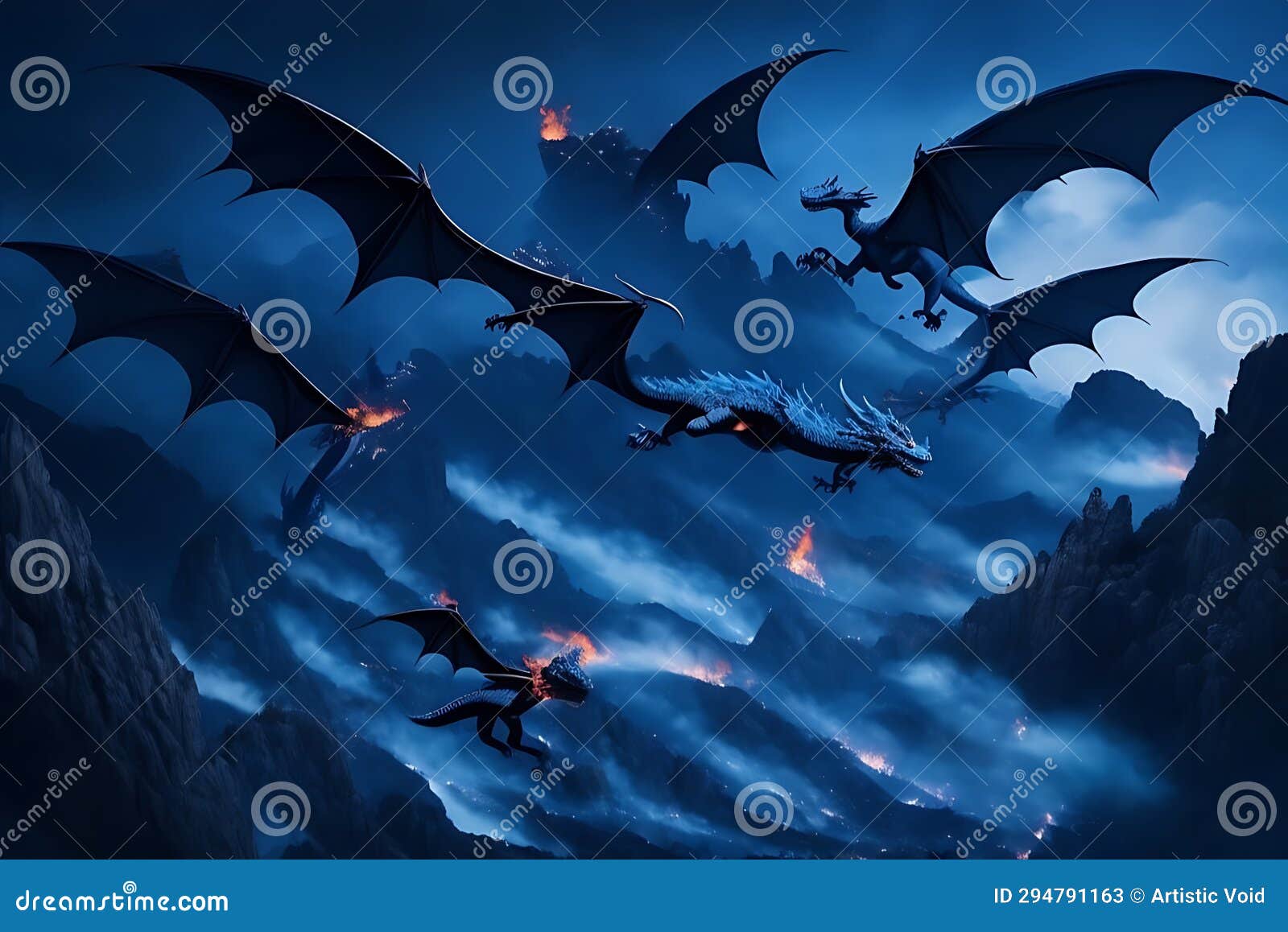 Dragons Soaring Over Mystical Ocean, Surrounded by Mountains, Clouds ...
