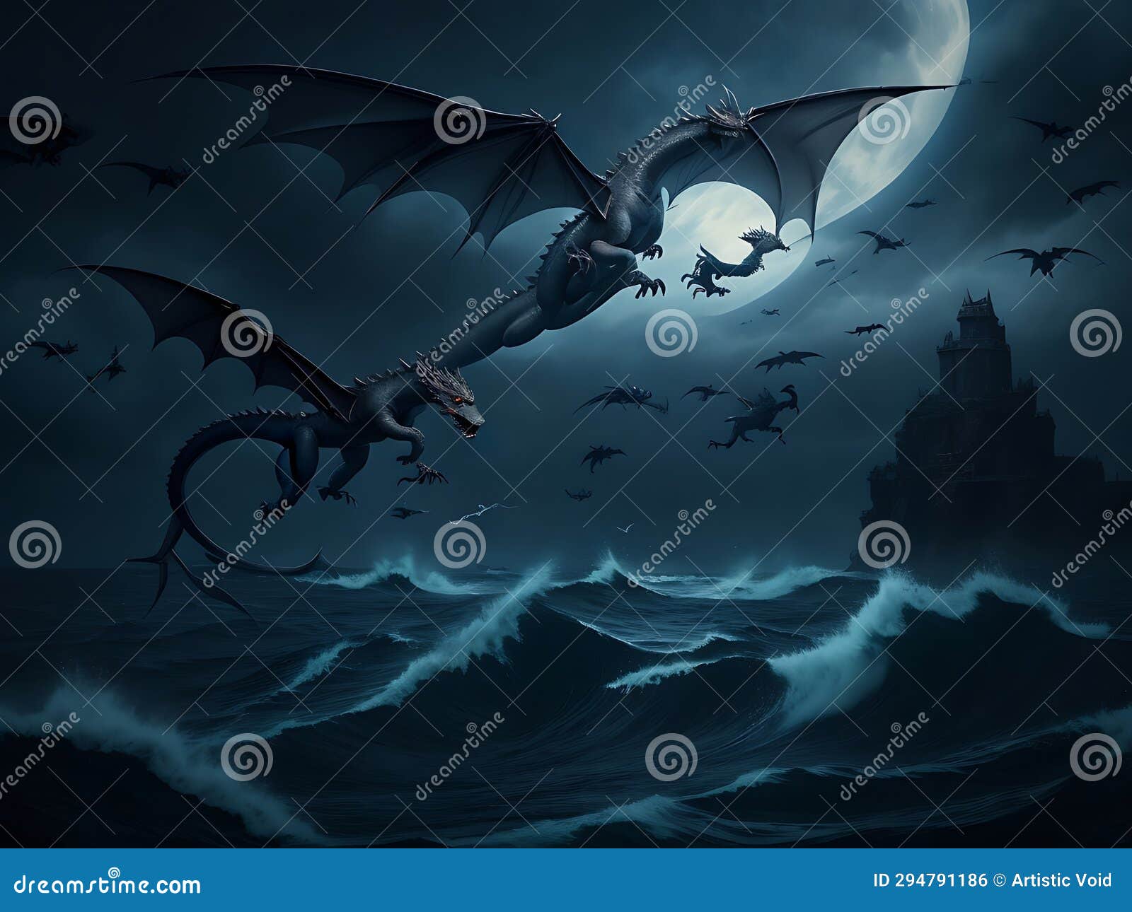 Dragons Soaring Over Mystical Ocean, Surrounded by Mountains, Clouds ... Dragons Soaring Over Mystical Ocean, Surrounded by Mountains, Clouds ...