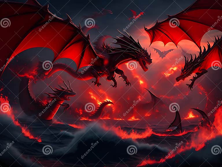 Dragons Soaring Over Mystical Ocean, Surrounded by Mountains, Clouds ... Dragons Soaring Over Mystical Ocean, Surrounded by Mountains, Clouds ...