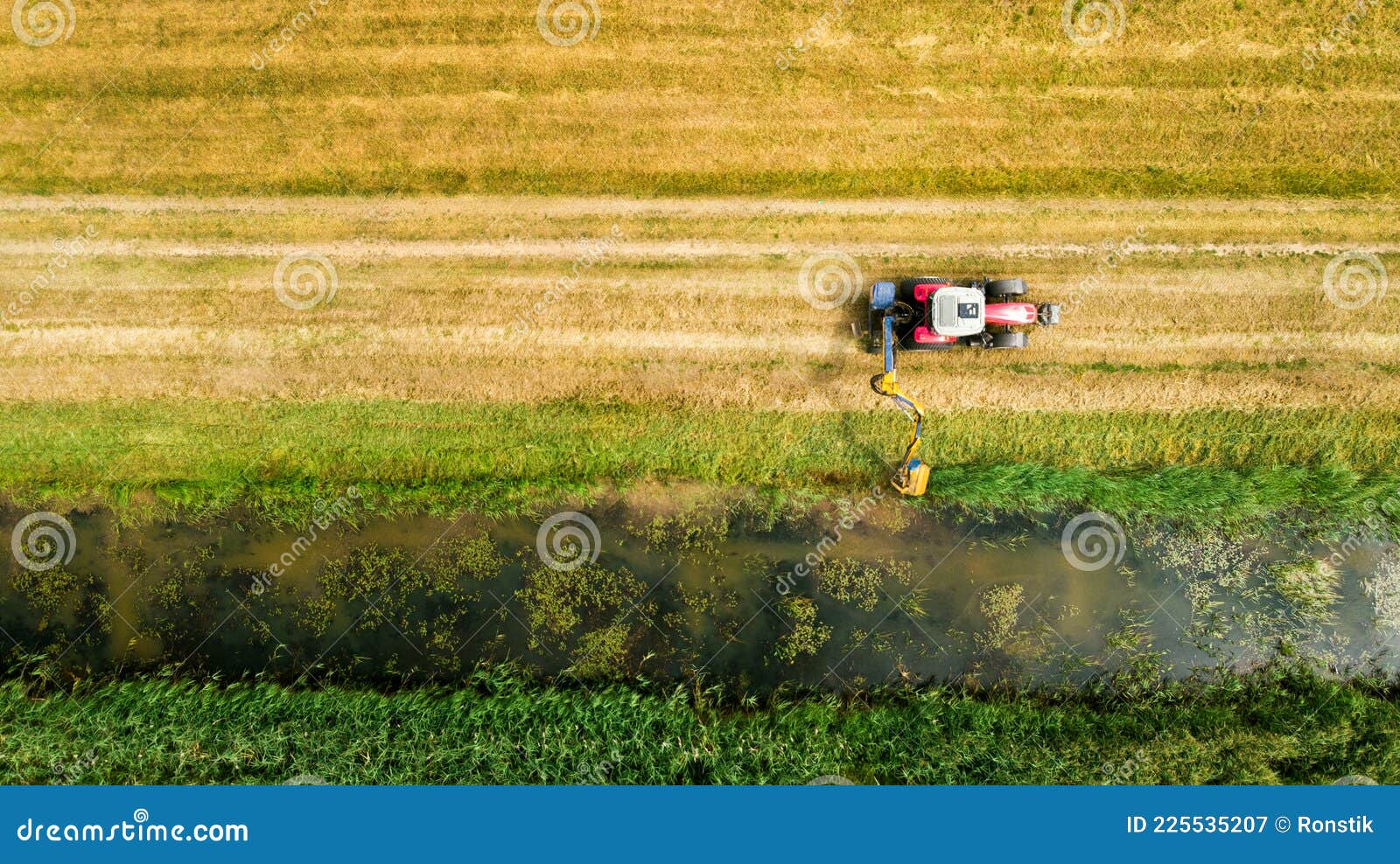 Drainage Ditch Cleaning with Tractor. Aerial View Stock Image - Image ...