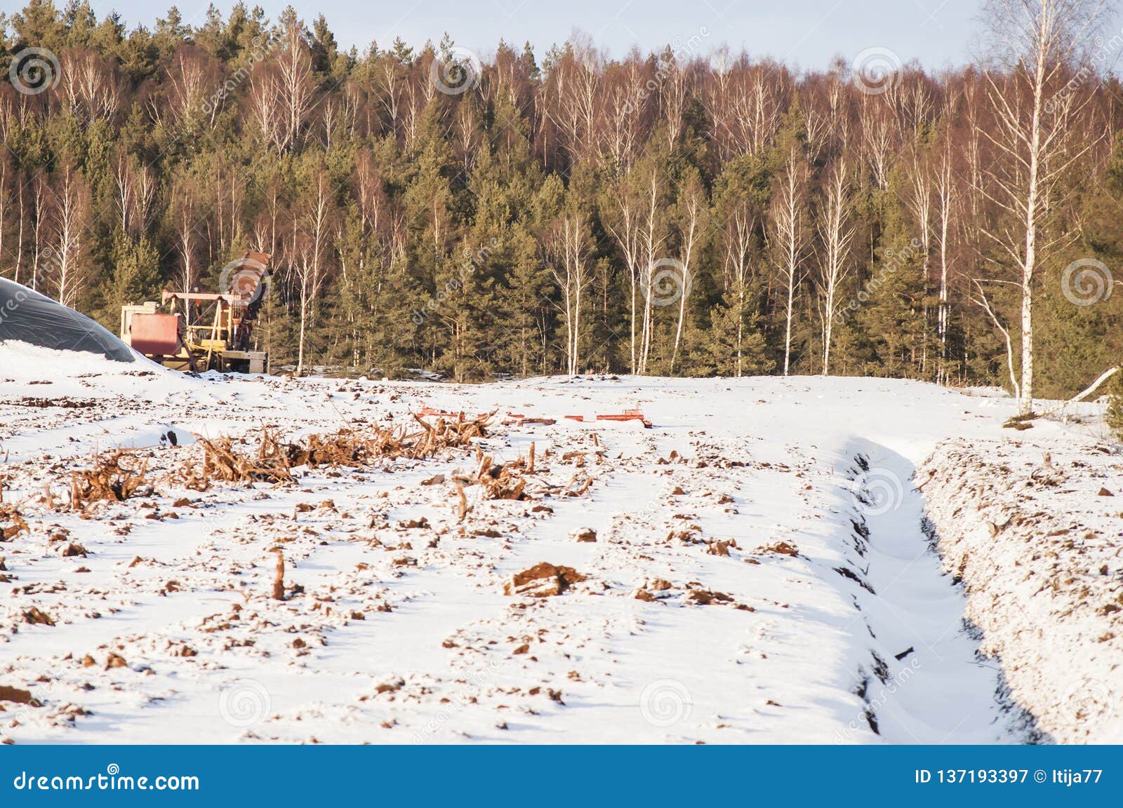 Drained Peat Bog with Industrial Machine in Winter Stock Image - Image ...