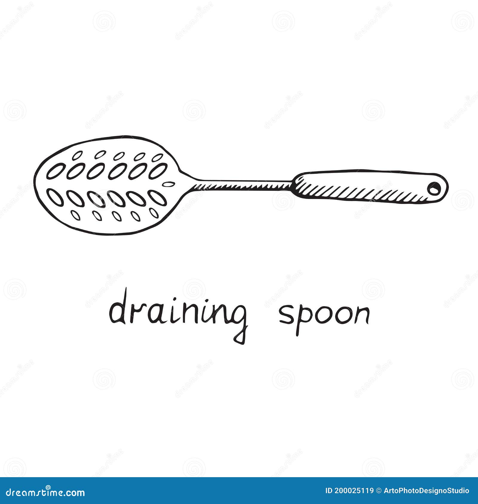 Draining Spoon, Hand Drawn Doodle Sketch, Black and White Illustration ...
