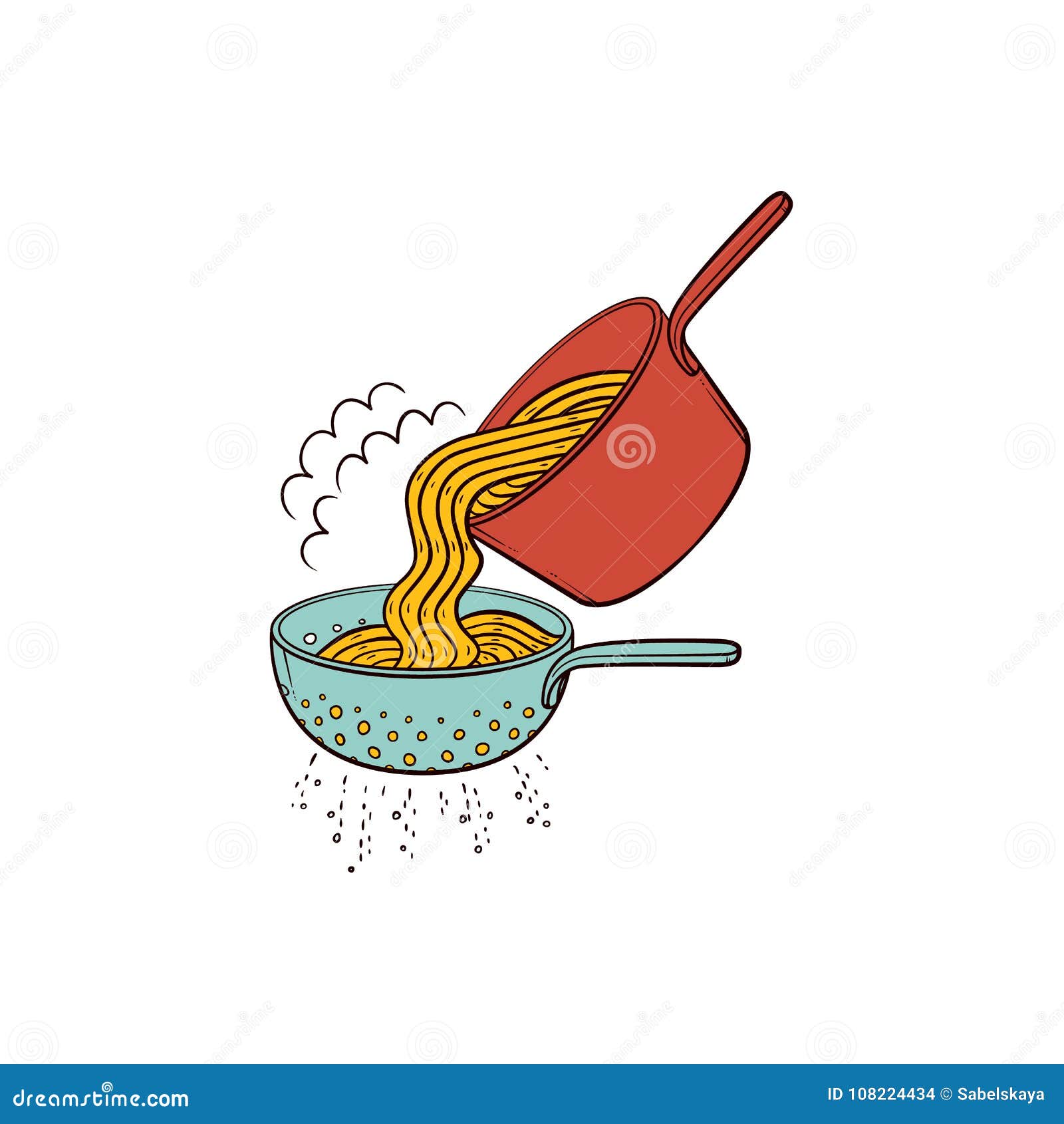 Draining Water from Spaghetti in Pasta Strainer Stock Vector ...