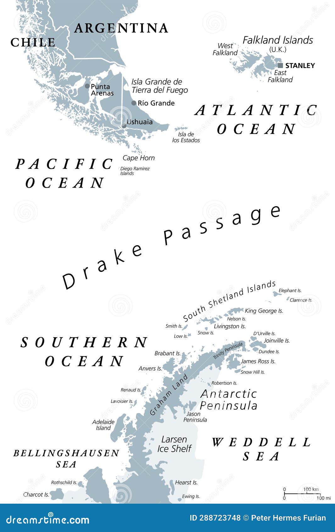 Drake Passage, Mar De Hoces, or Hoces Sea, Gray Political Map Stock ...