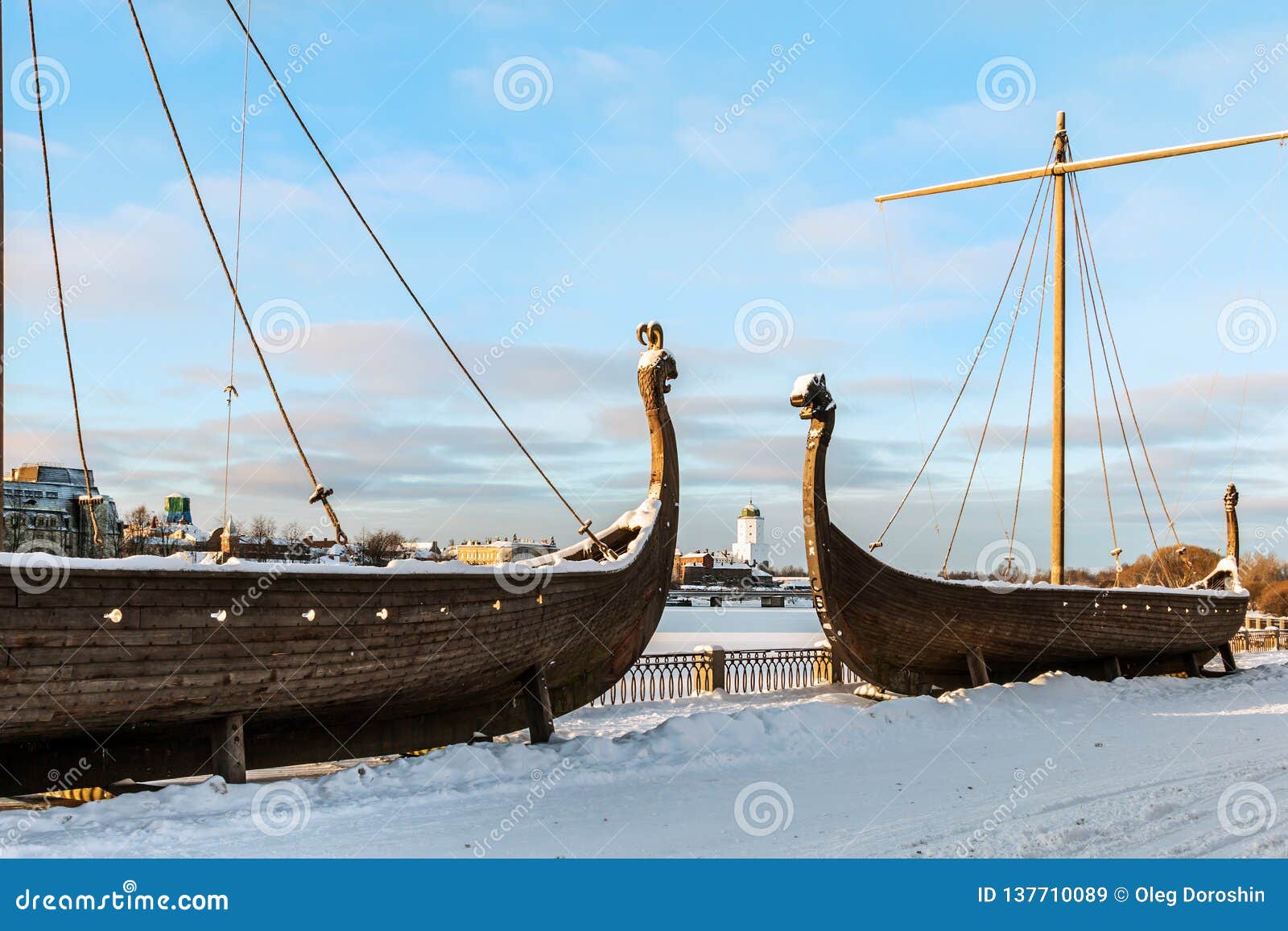 Drakkar Ships and Vyborg Castle in Winter Stock Image - Image of nordic ...