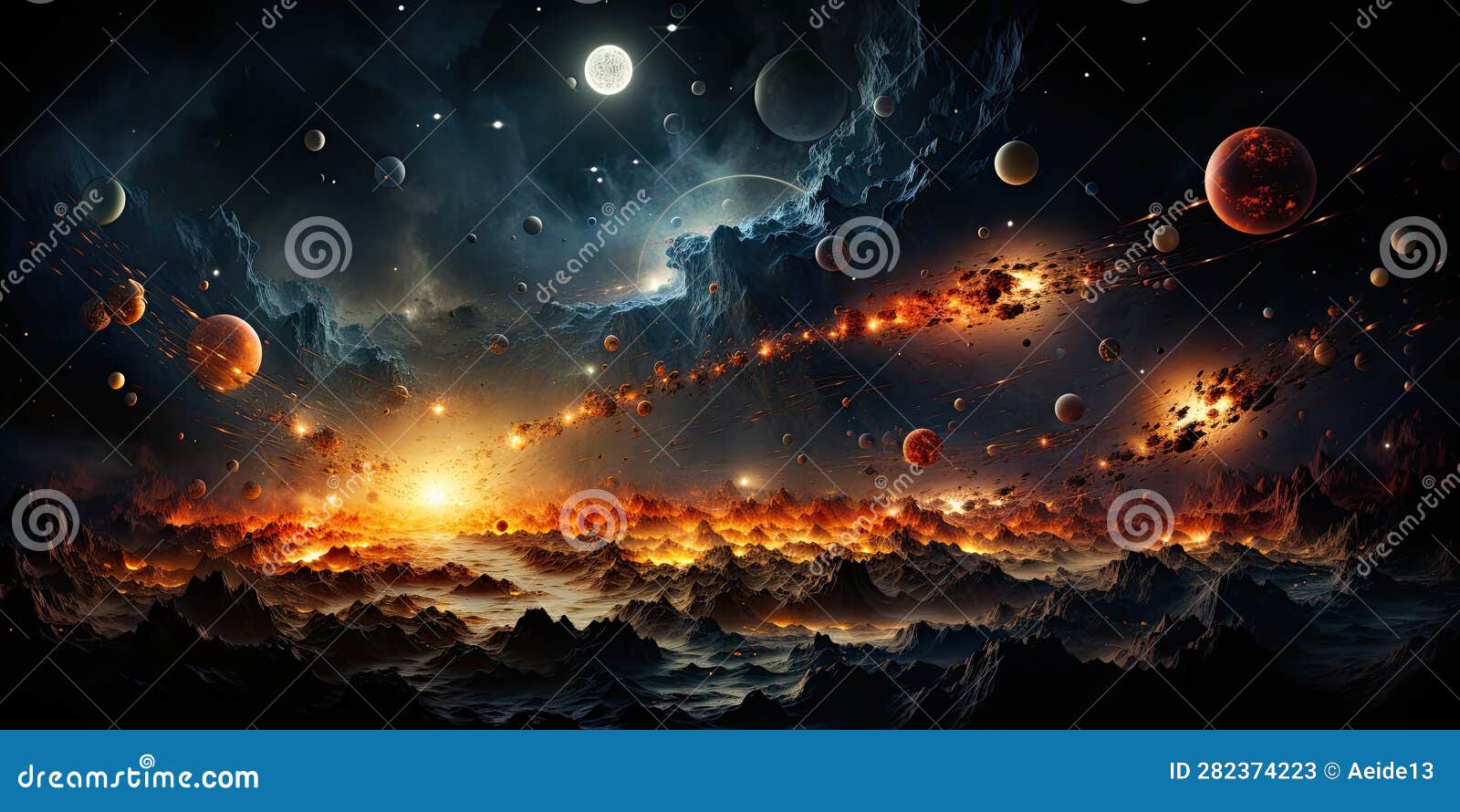 Dramatic Abstract Space Solar Landscape. Planets, Stars, and Moons in a ...