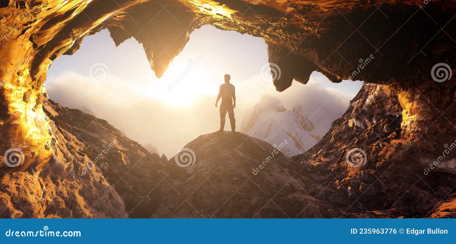 Dramatic Adventurous Scene with Man Standing Inside a Cave Stock ...
