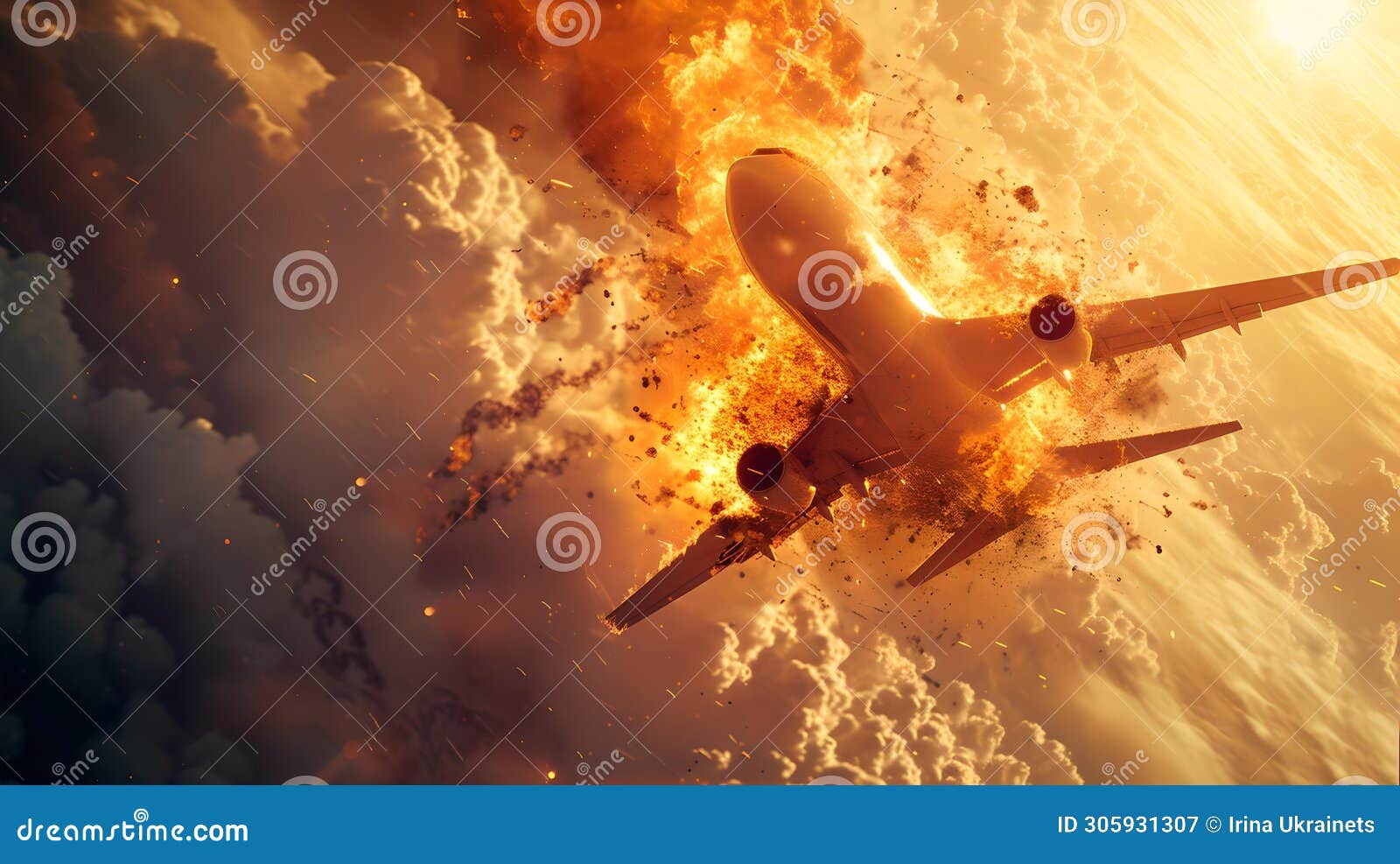 Dramatic Airplane Exploding Mid-air, Fiery Sky Disaster Scene, Crisis ...
