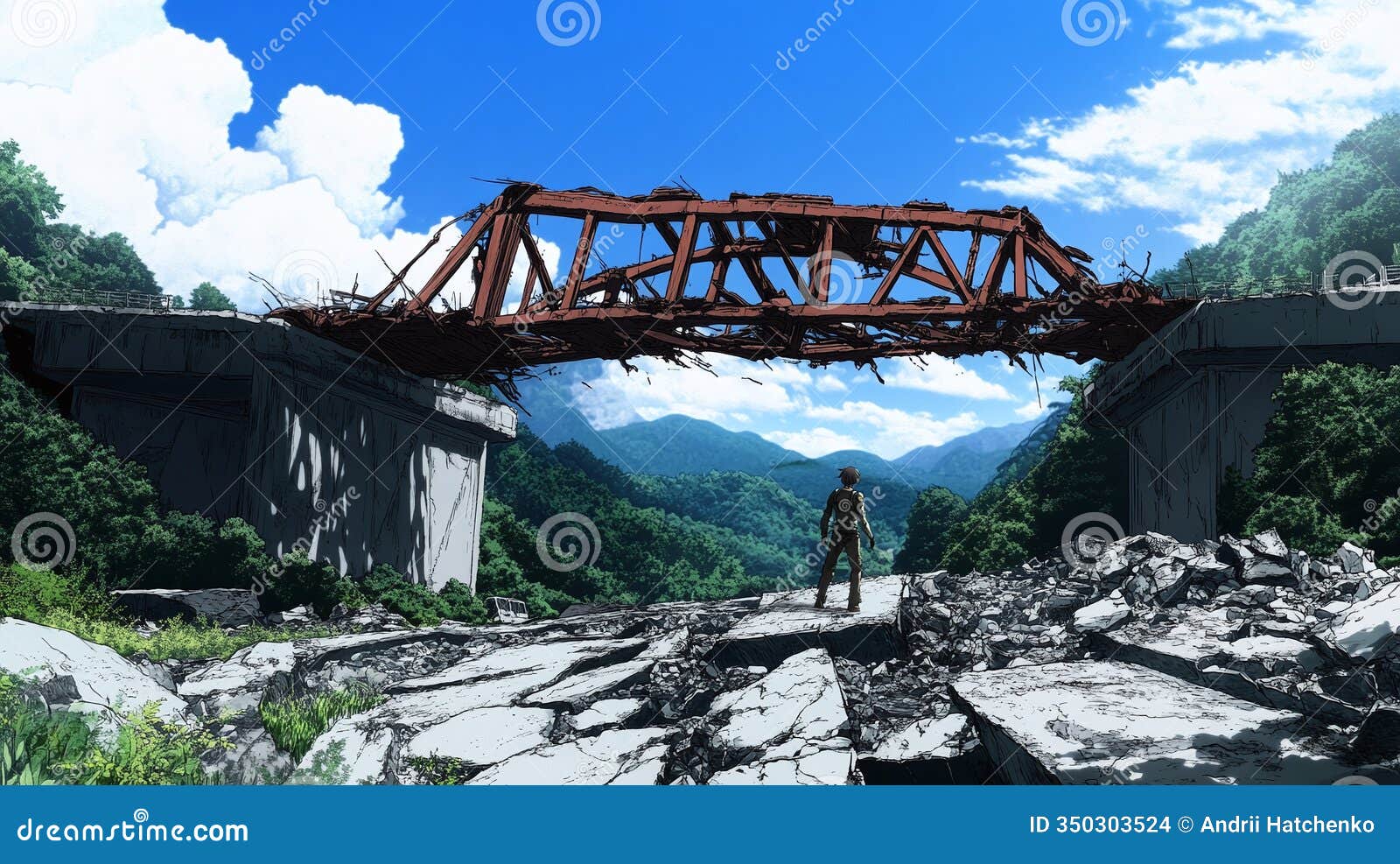A Dramatic Anime Scene with a Hero Standing on a Collapsing Bridge ...