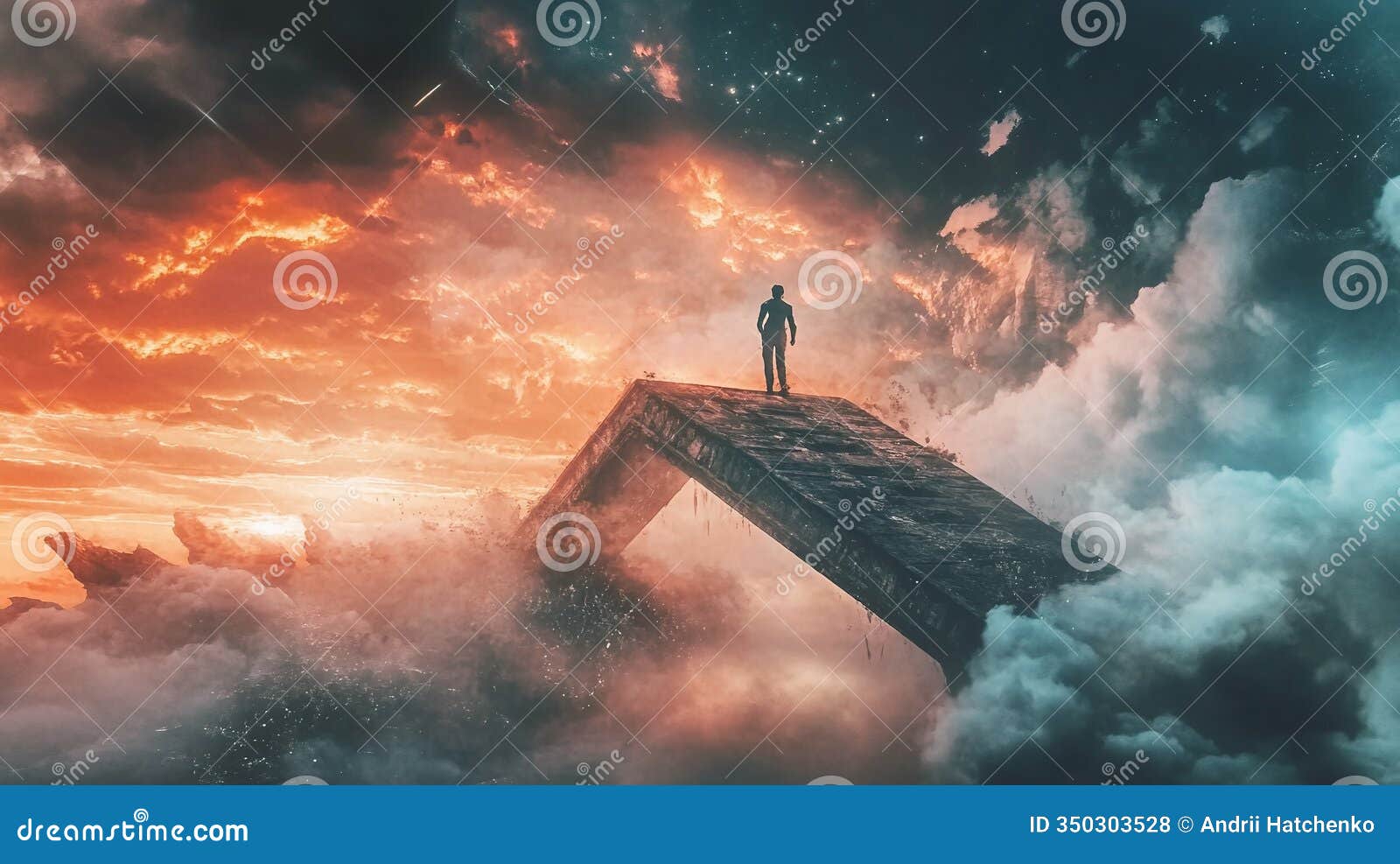 A Dramatic Anime Scene with a Hero Standing on a Collapsing Bridge ...