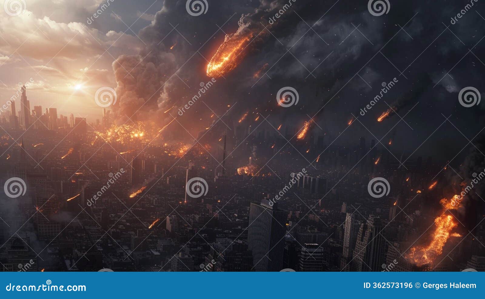 Dramatic Apocalyptic Skyline with Fiery Meteorites Raining Down at ...